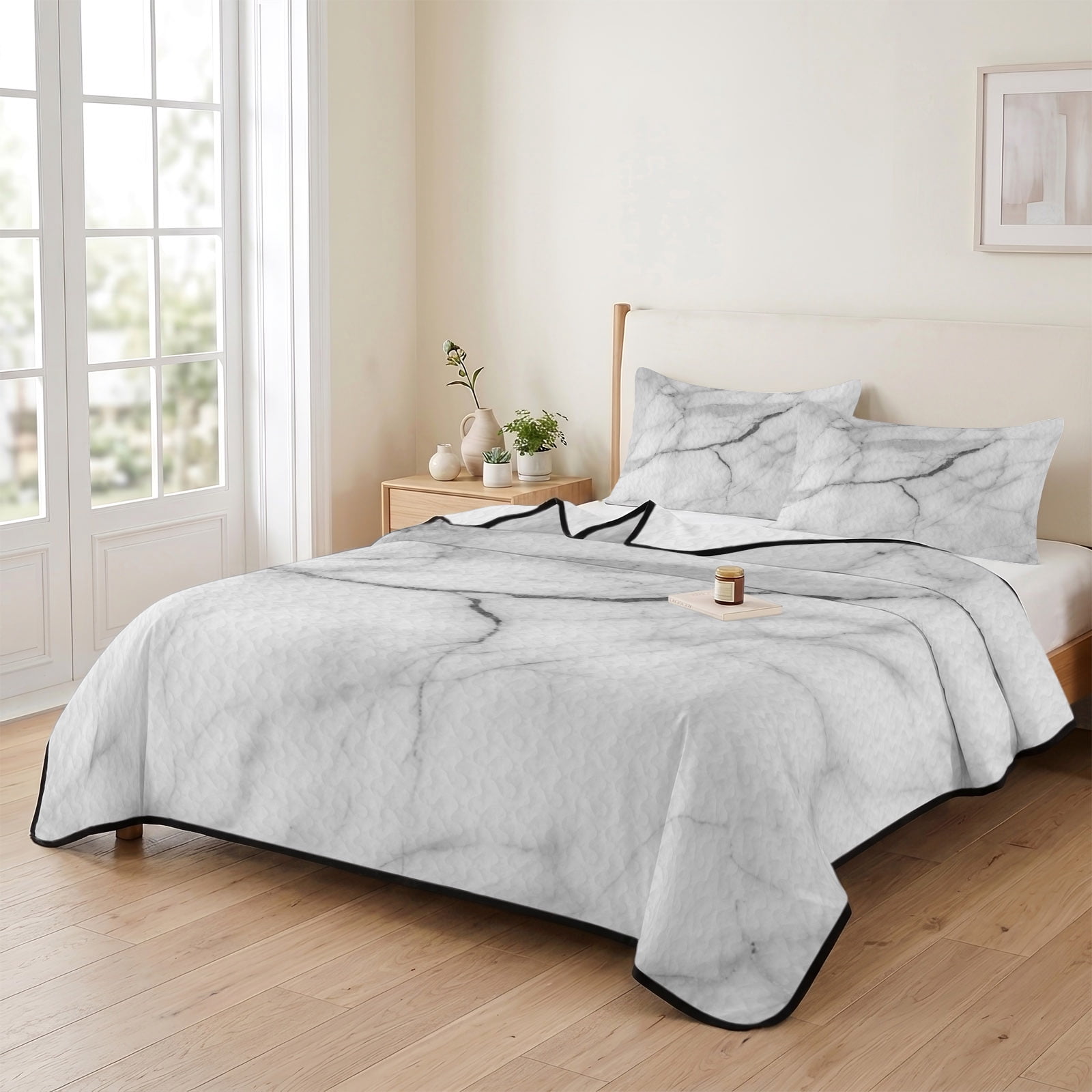 3 Piece Summer Bed Quilt Set Queen Size,Gray White Marble Texture ...