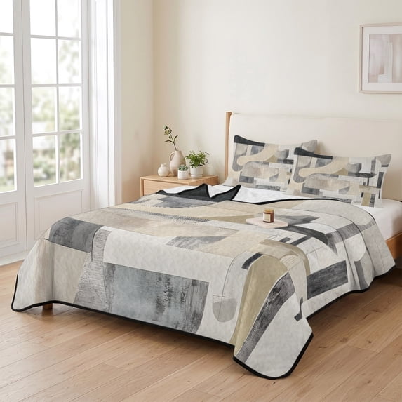 3 Piece Summer Bed Quilt Set Queen Size,Modern Gray Beige Minimalist ...