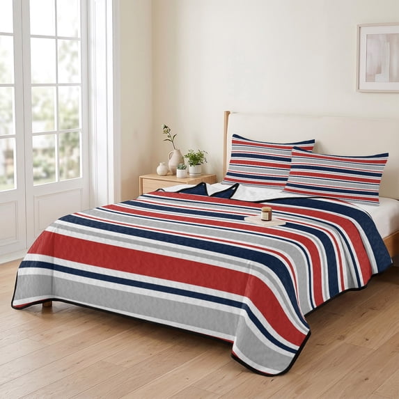3 Piece Summer Bed Quilt Set Queen Size,Modern Navy Blue Gray Red ...