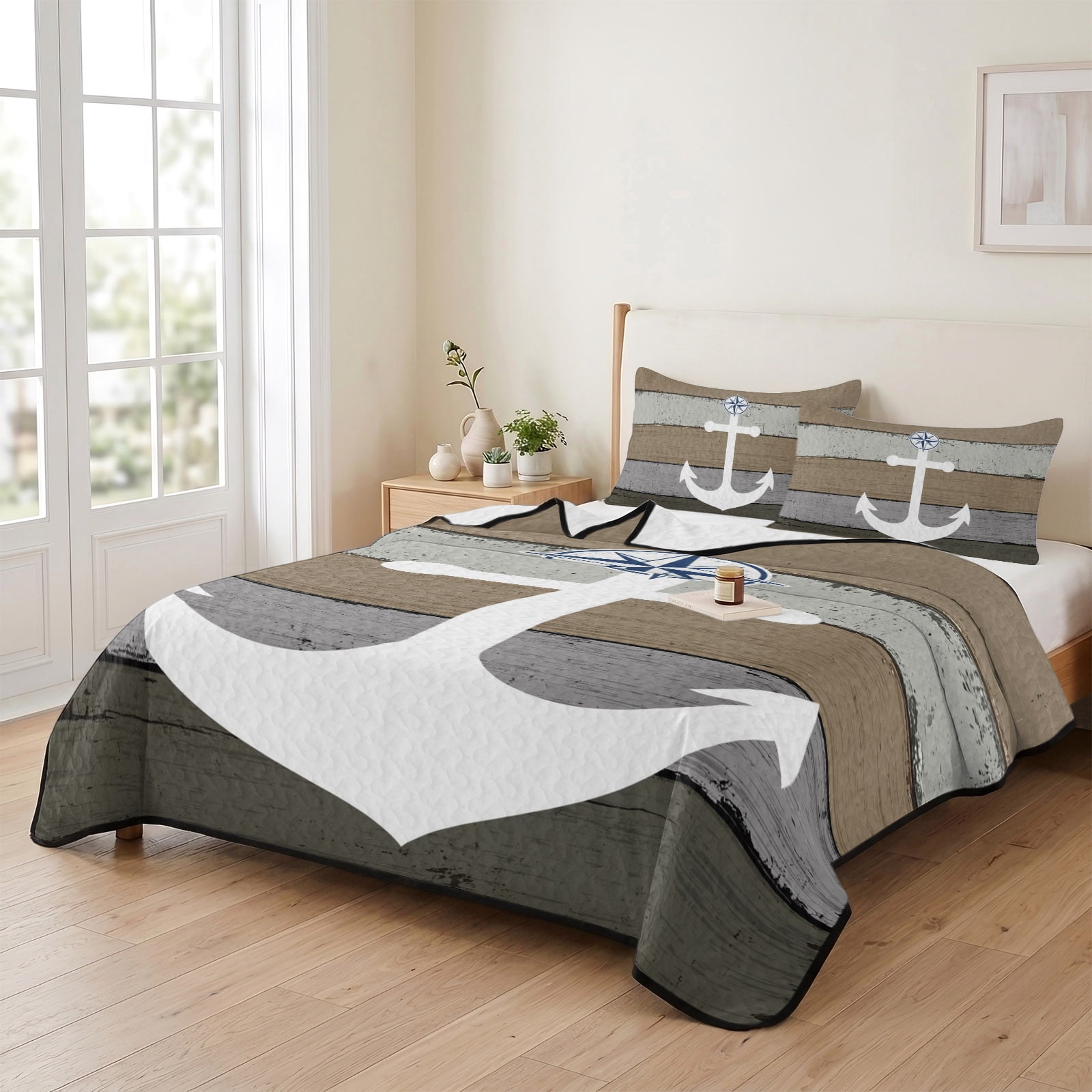 3 Piece Summer Bed Quilt Set Queen Size,Nautical Anchor Marine Compass ...