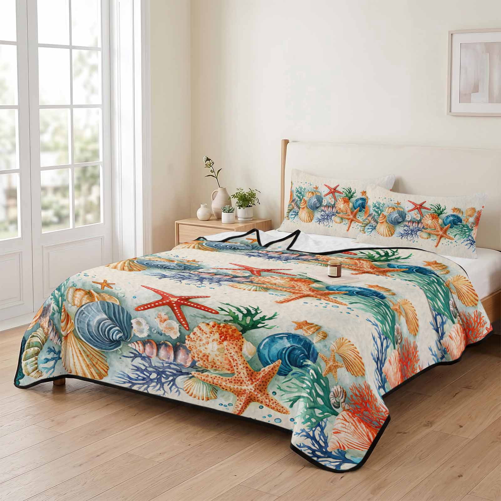 3 Piece Summer Bed Quilt Set Queen Size,Ocean Starfish Shell Conch ...