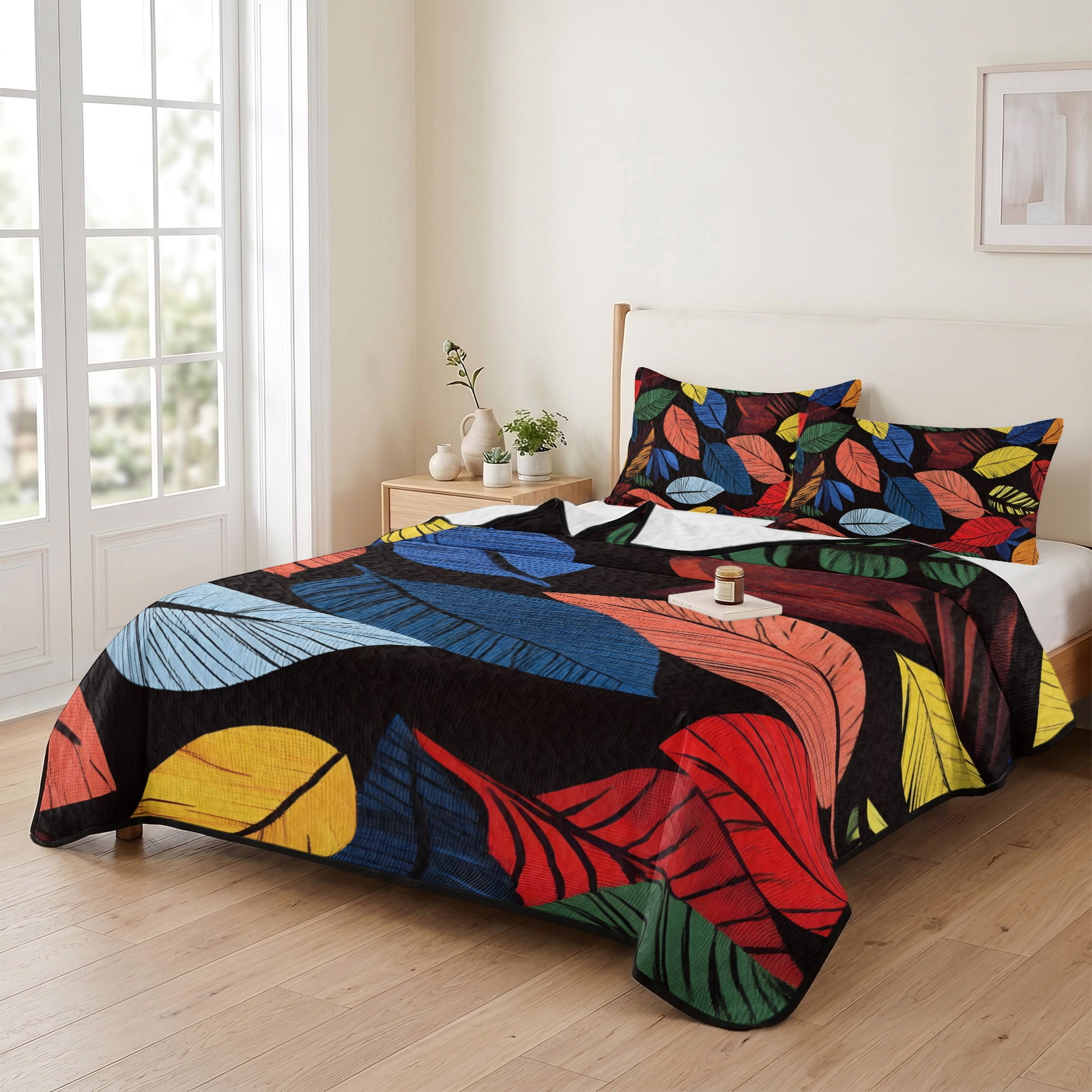 3 Piece Summer Bed Quilt Set Queen Size,Spring Plant Colorful Botanical ...