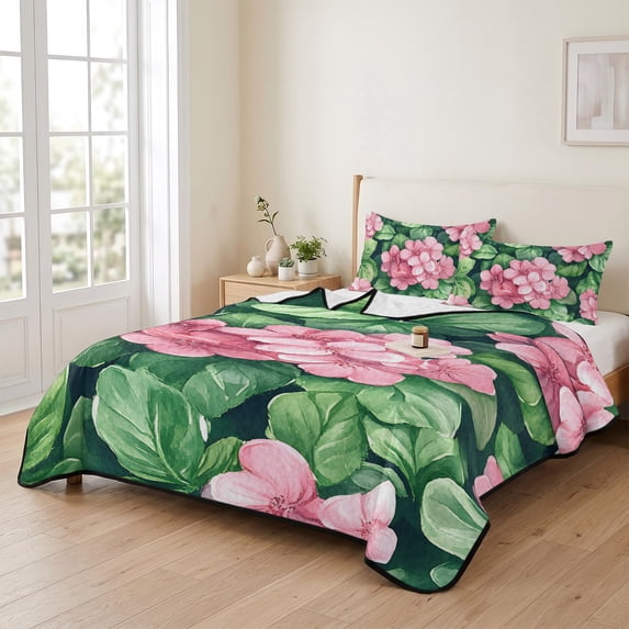 3 Piece Summer Bed Quilt Set Queen Size,Watercolor Spring Blossom Pink ...