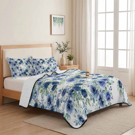 3 Piece Summer Bed Quilt Set Twin XL Size,Spring Blue Flower Green Leaf ...