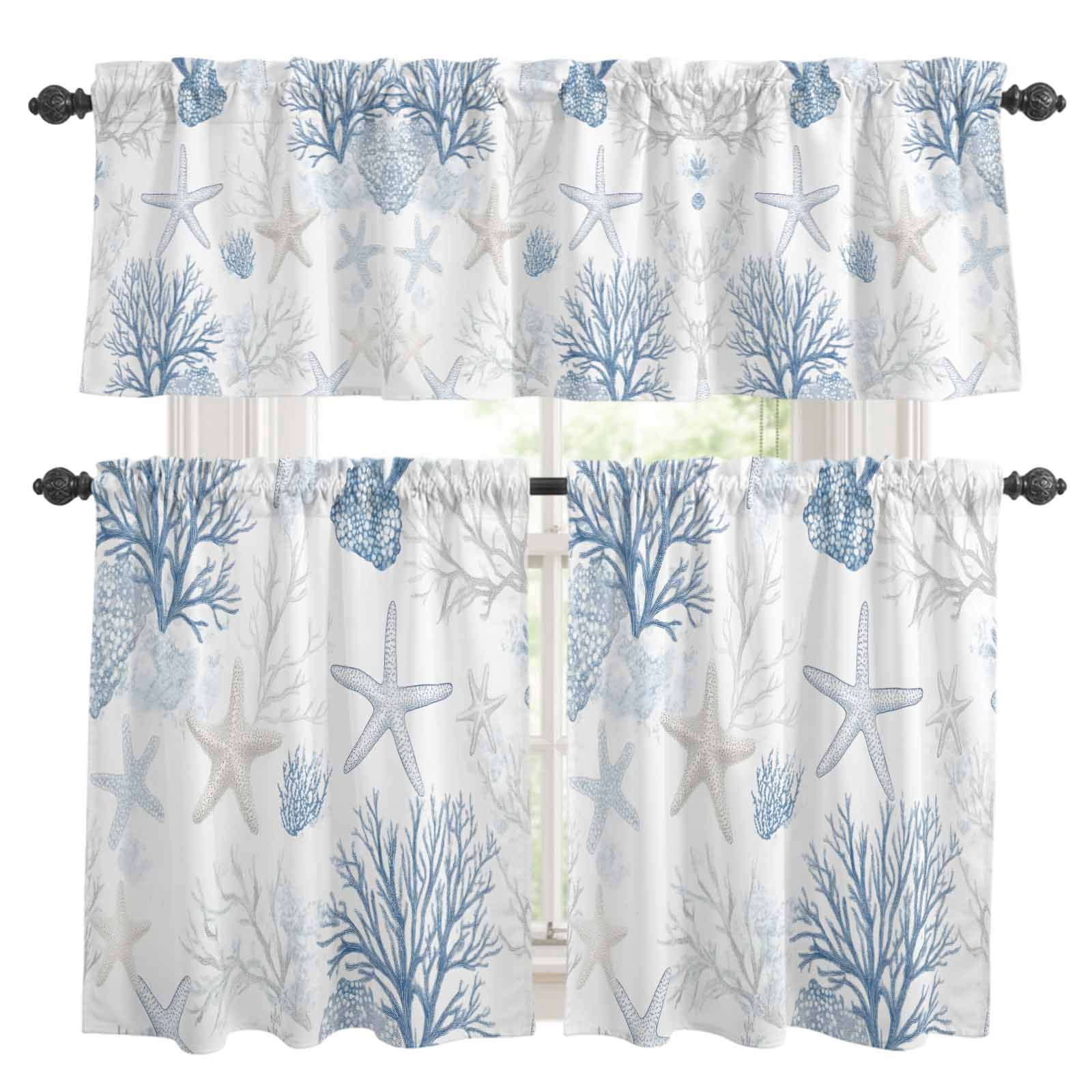 3 Piece Summer Coastal Kitchen Curtain Valance and Tiers Set Coral ...