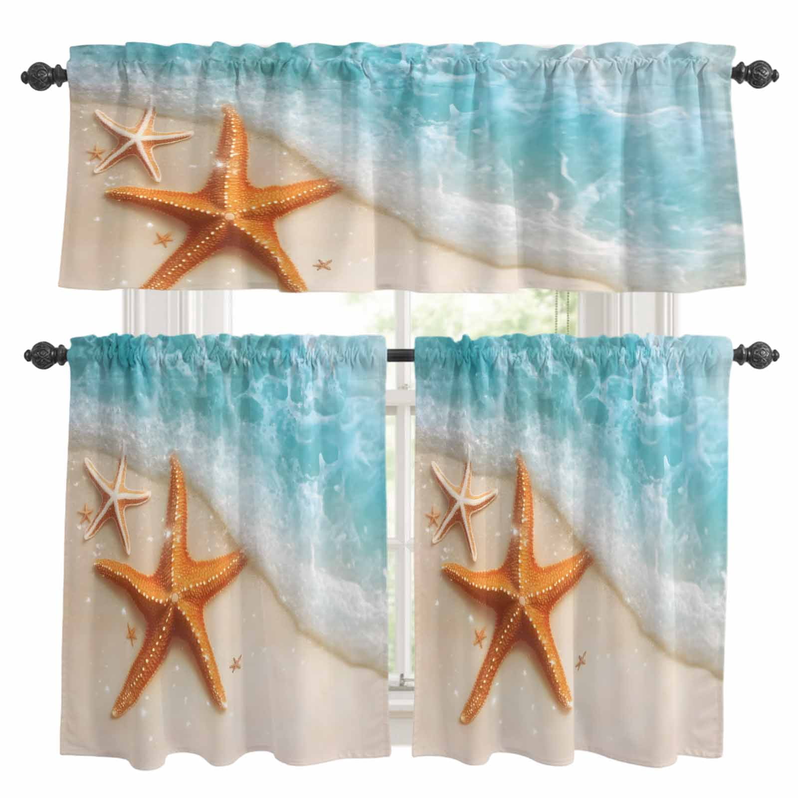 3 Piece Summer Cyan Kitchen Curtain Valance and Tiers Set Teal Beach ...