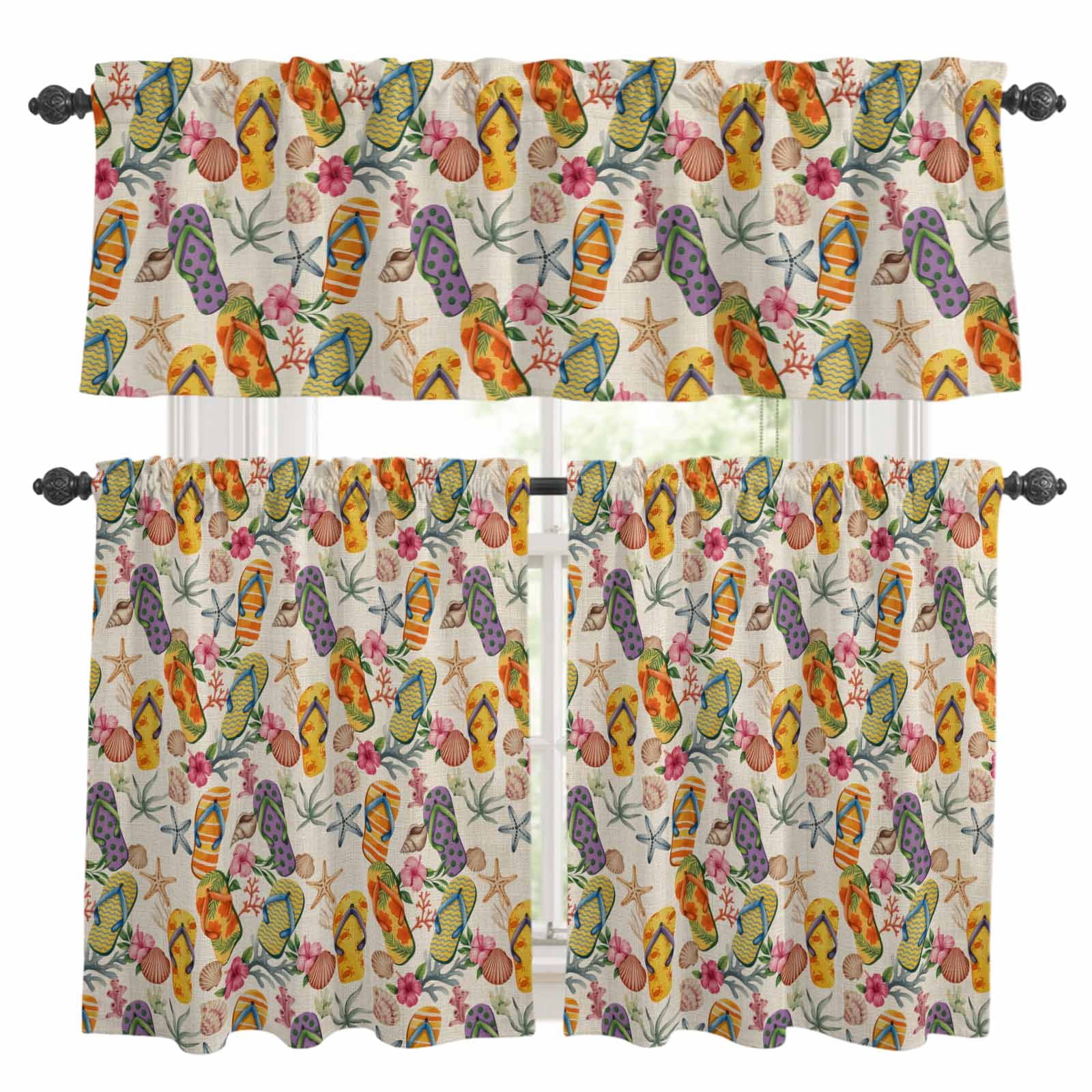 3 Piece Summer Kitchen Curtain Valance and Tiers Set Coastal Slippers ...
