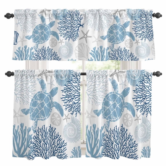 3 Piece Summer Kitchen Curtain Valance and Tiers Set Navy Blue Grey ...