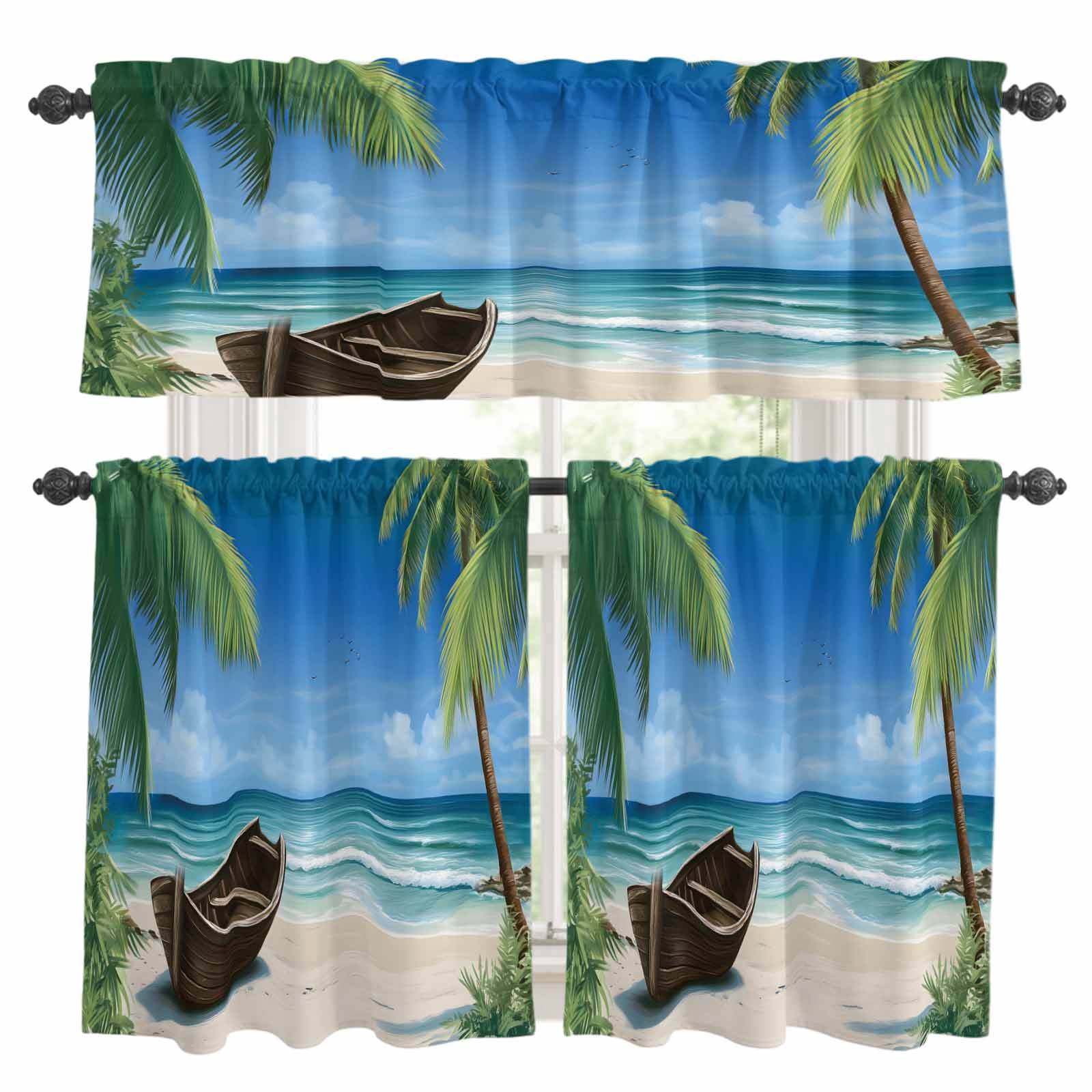 3 Piece Summer Kitchen Curtain Valance and Tiers Set Palm Tree Ship ...