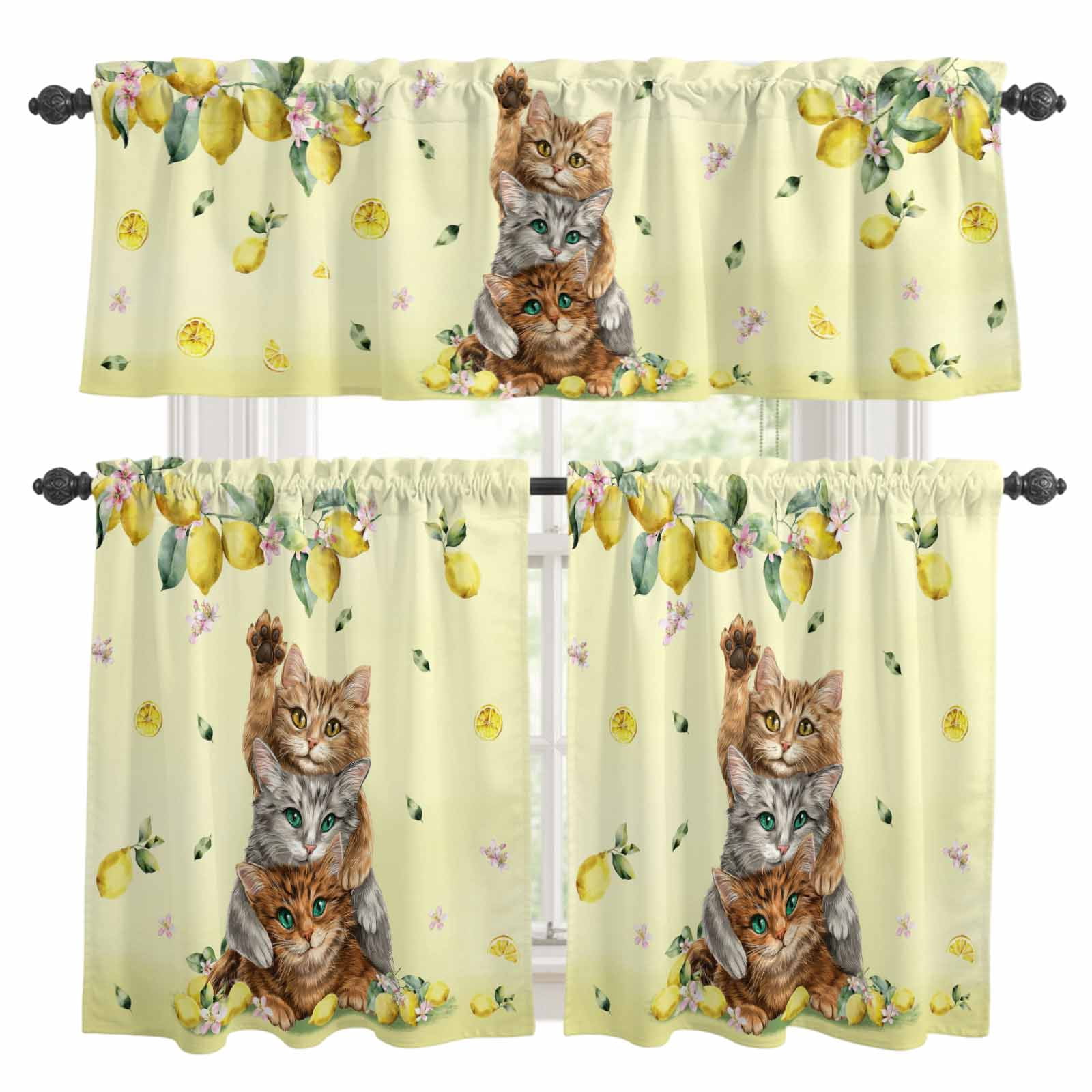 3 Piece Summer Kitchen Curtain Valance and Tiers Set Three Cute Cats ...