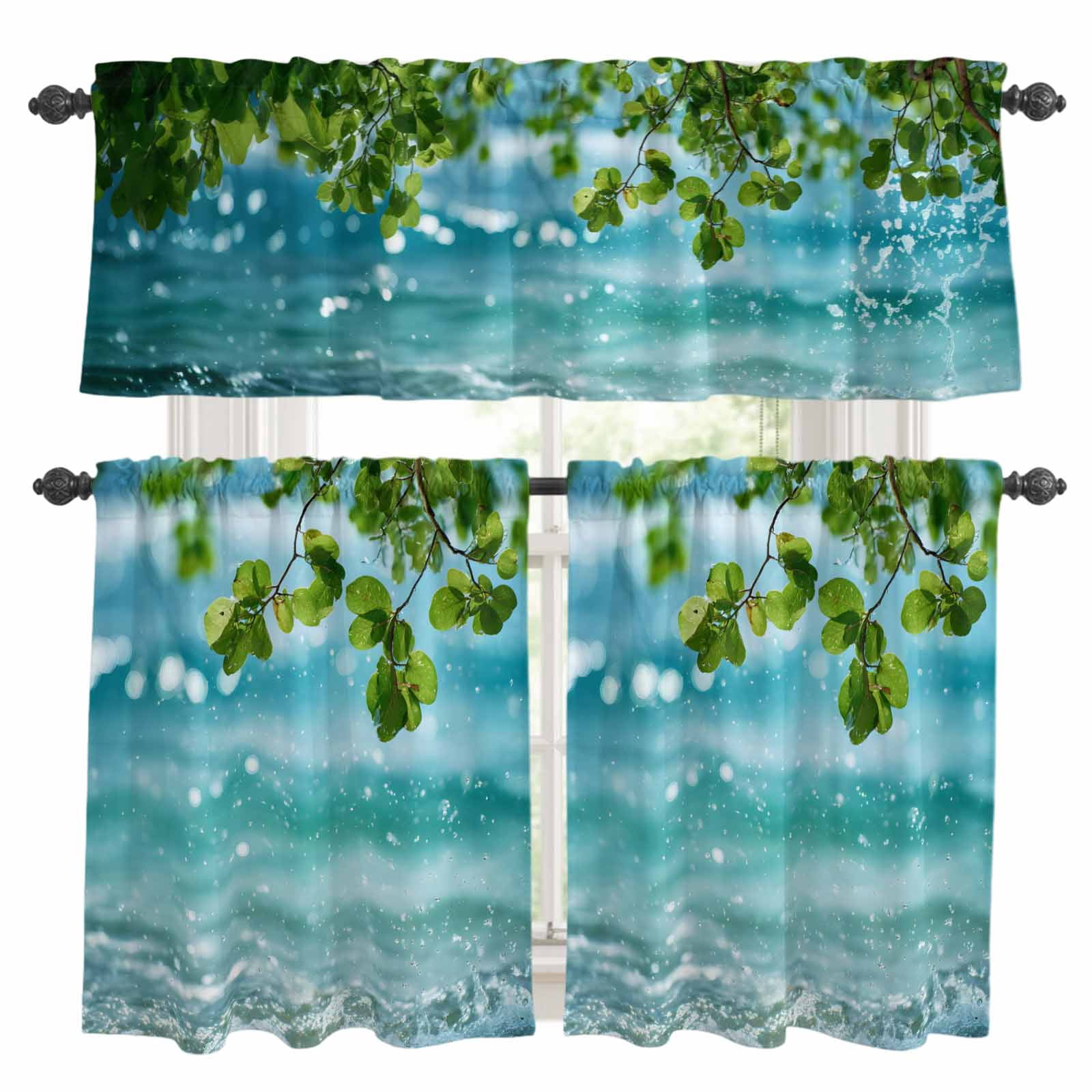 3 Piece Summer Leaf Kitchen Curtain Valance and Tiers Set Watercolor ...