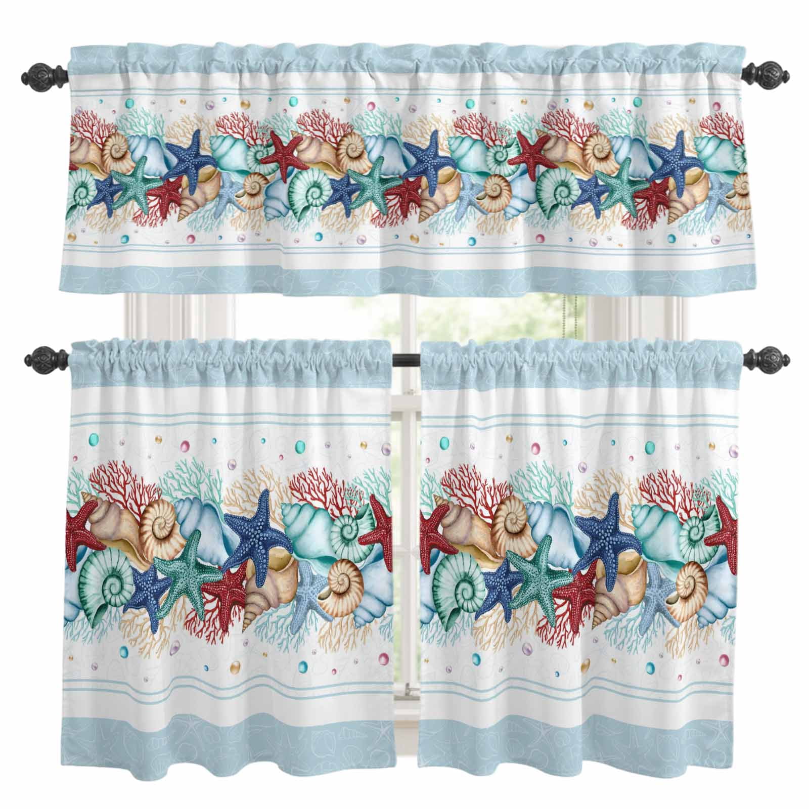 3 Piece Summer Marine Kitchen Curtain Valance and Tiers Set Life Beach ...
