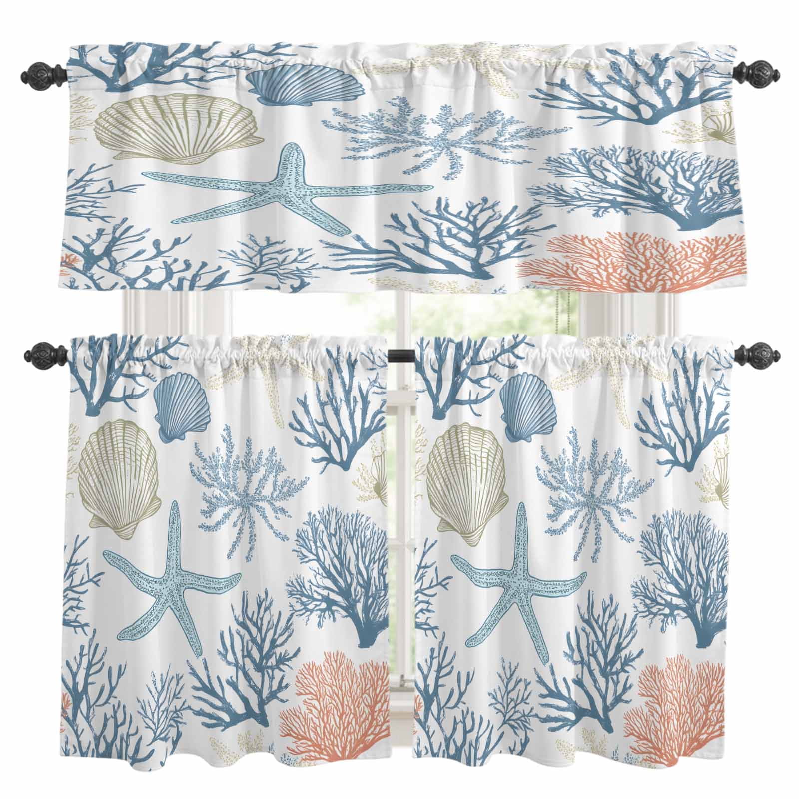 3 Piece Summer Marine Life Kitchen Curtain Valance and Tiers Set Ocean ...