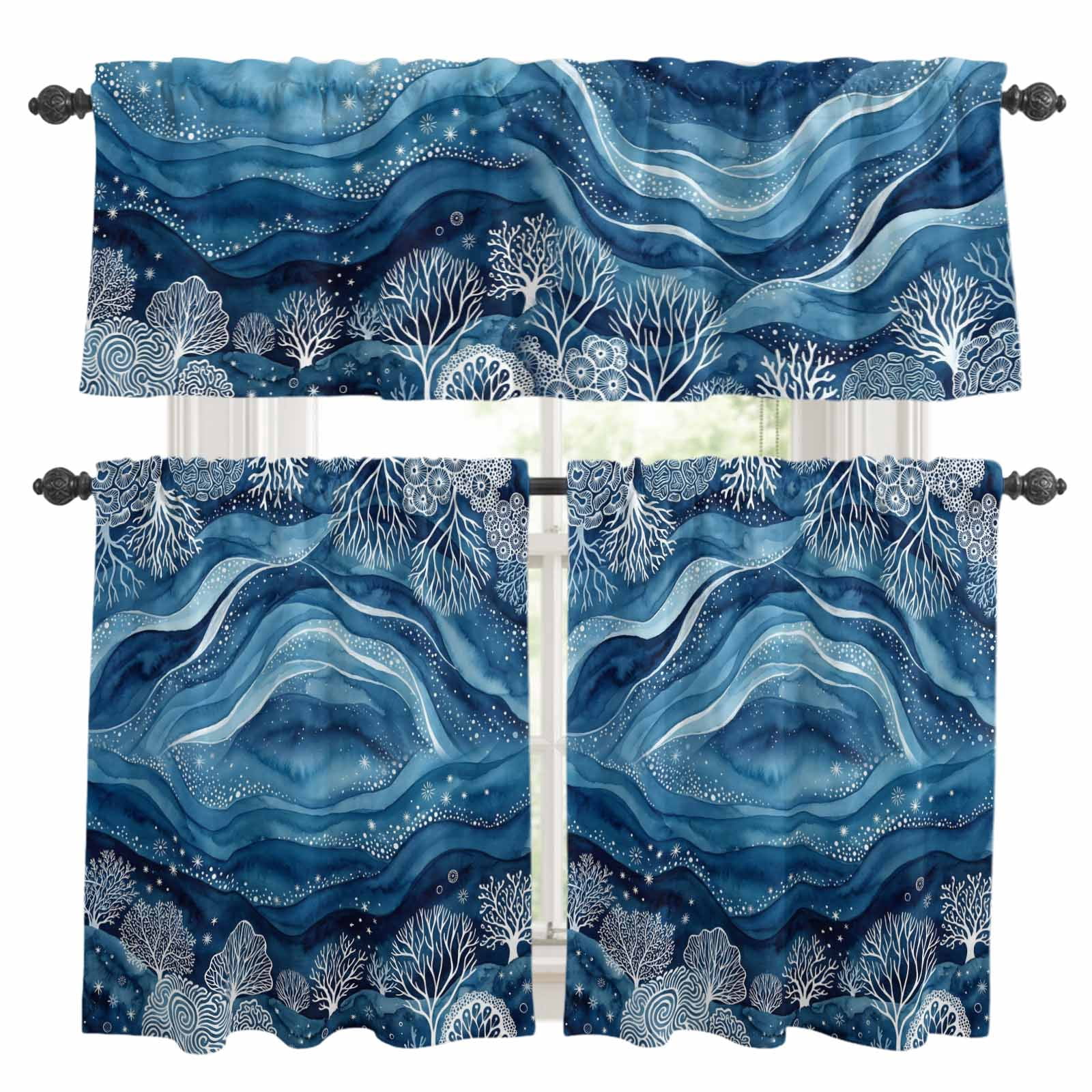 3 Piece Summer Ocean Coral Kitchen Curtain Valance and Tiers Set ...
