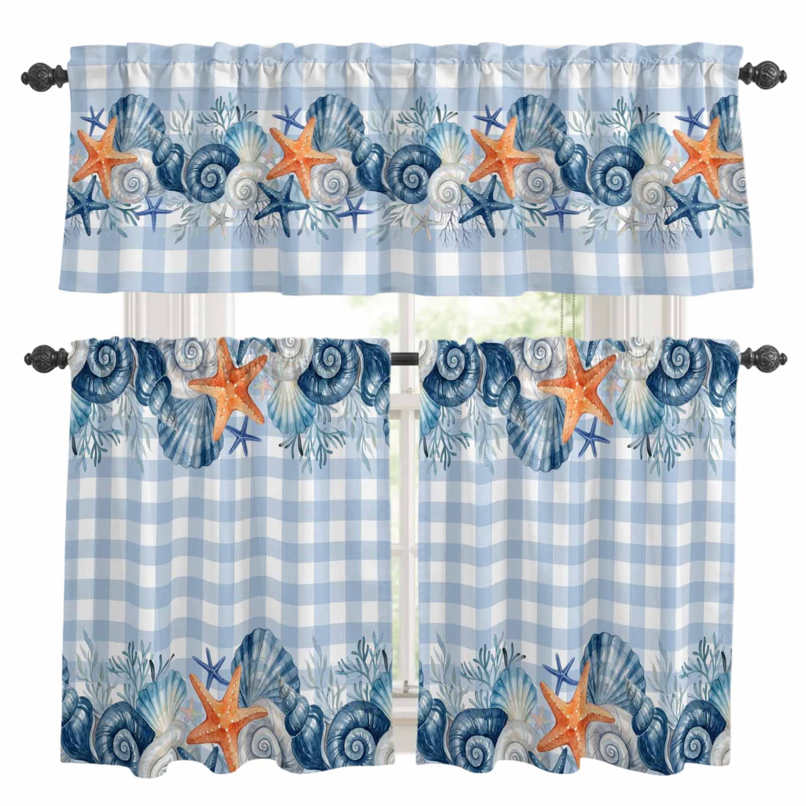 3 Piece Summer Ocean Seashell Kitchen Curtain Valance and Tiers Set ...