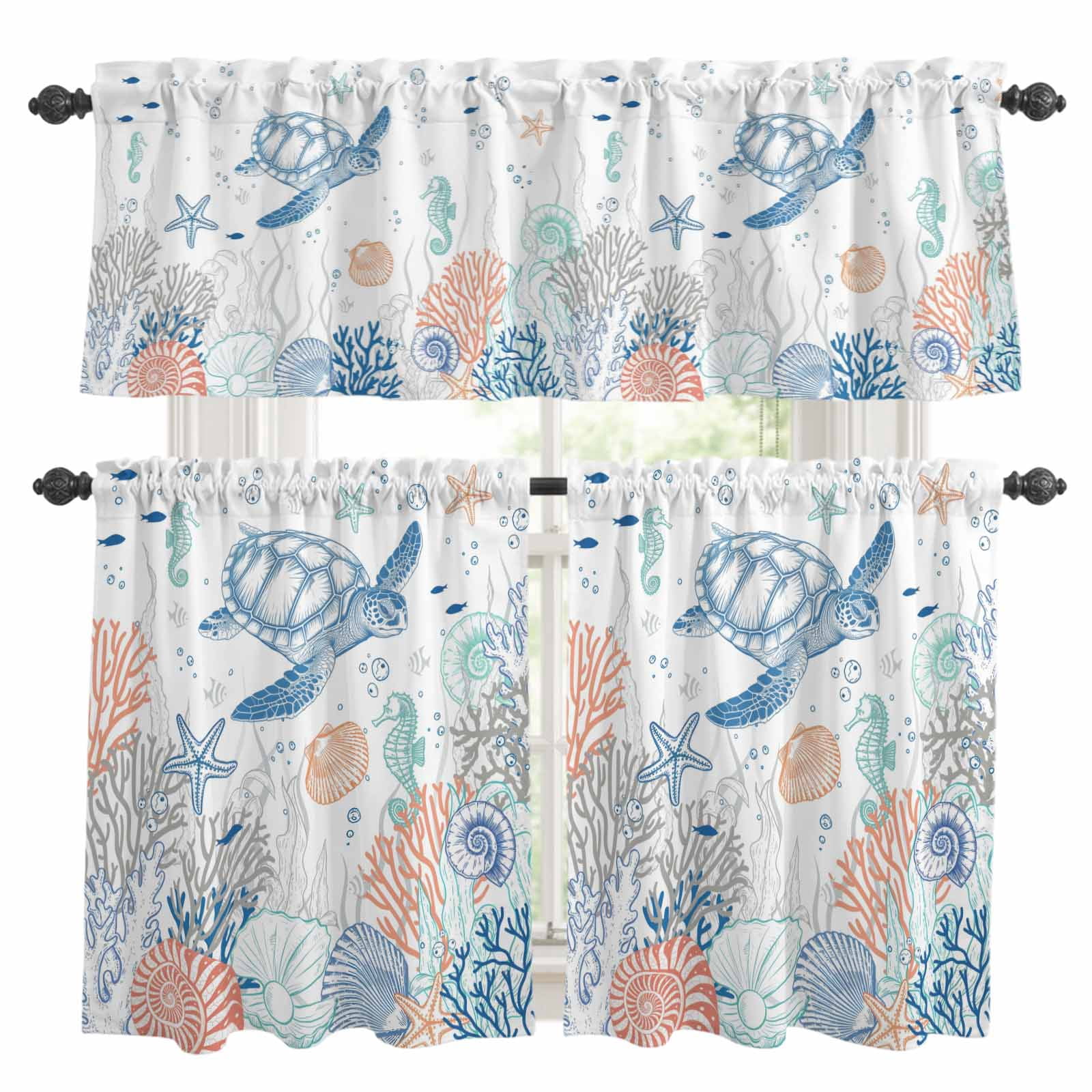 3 Piece Summer Oceans Kitchen Curtain Valance and Tiers Set Sea Turtles ...