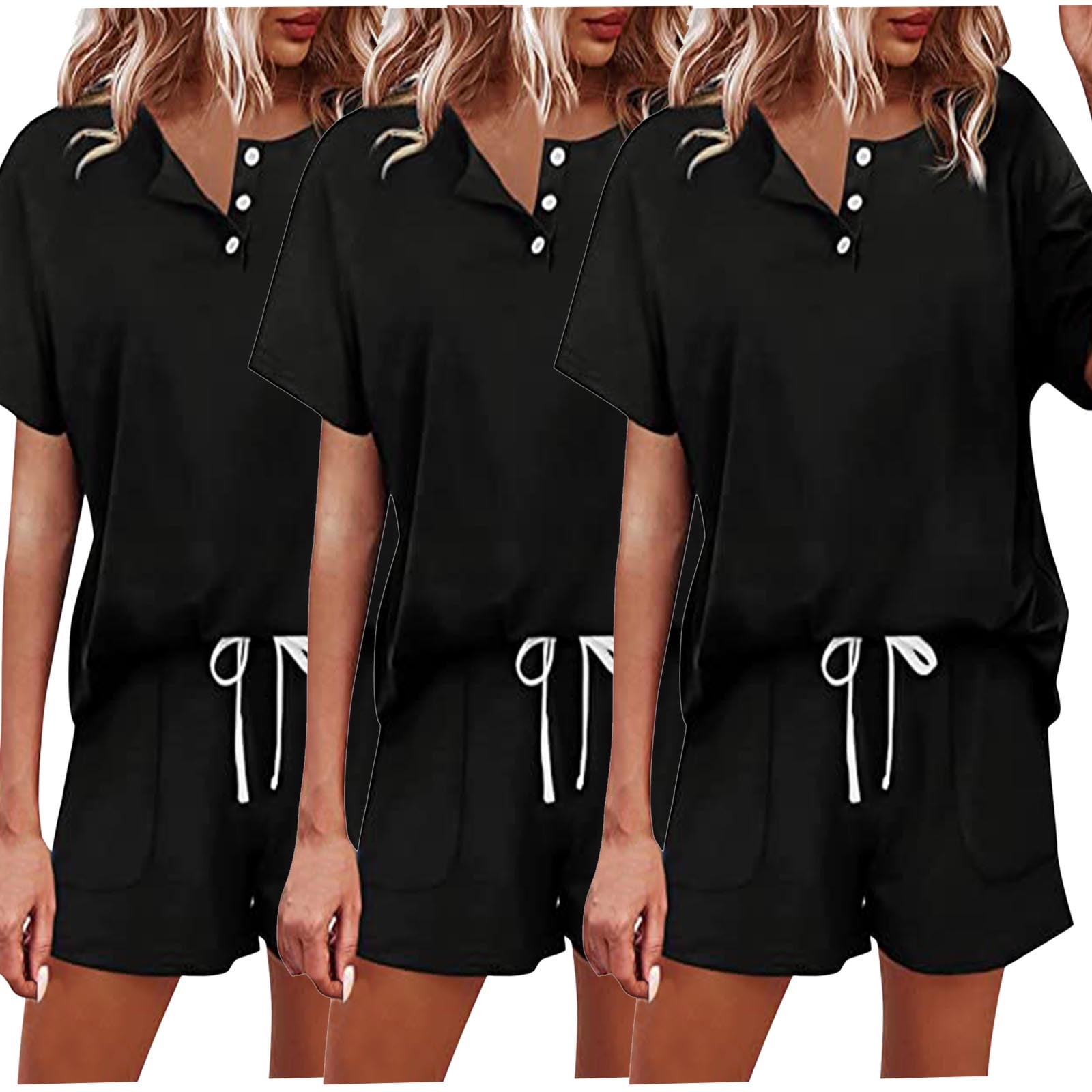 3 Piece Summer Outfits for Women Button Down Round Neck and Shorts Set ...