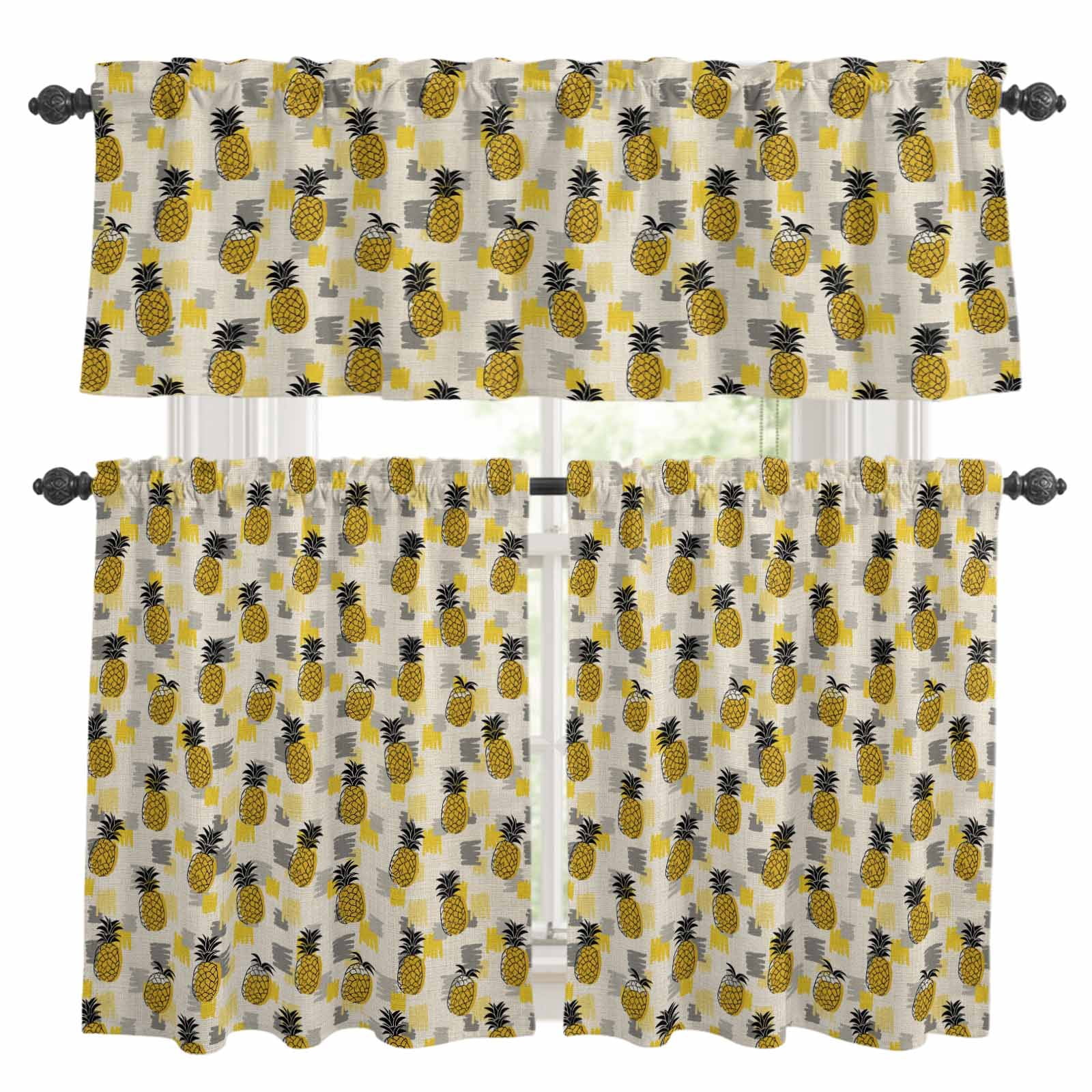 3 Piece Summer Pineapple Kitchen Curtain Valance And Tiers Set