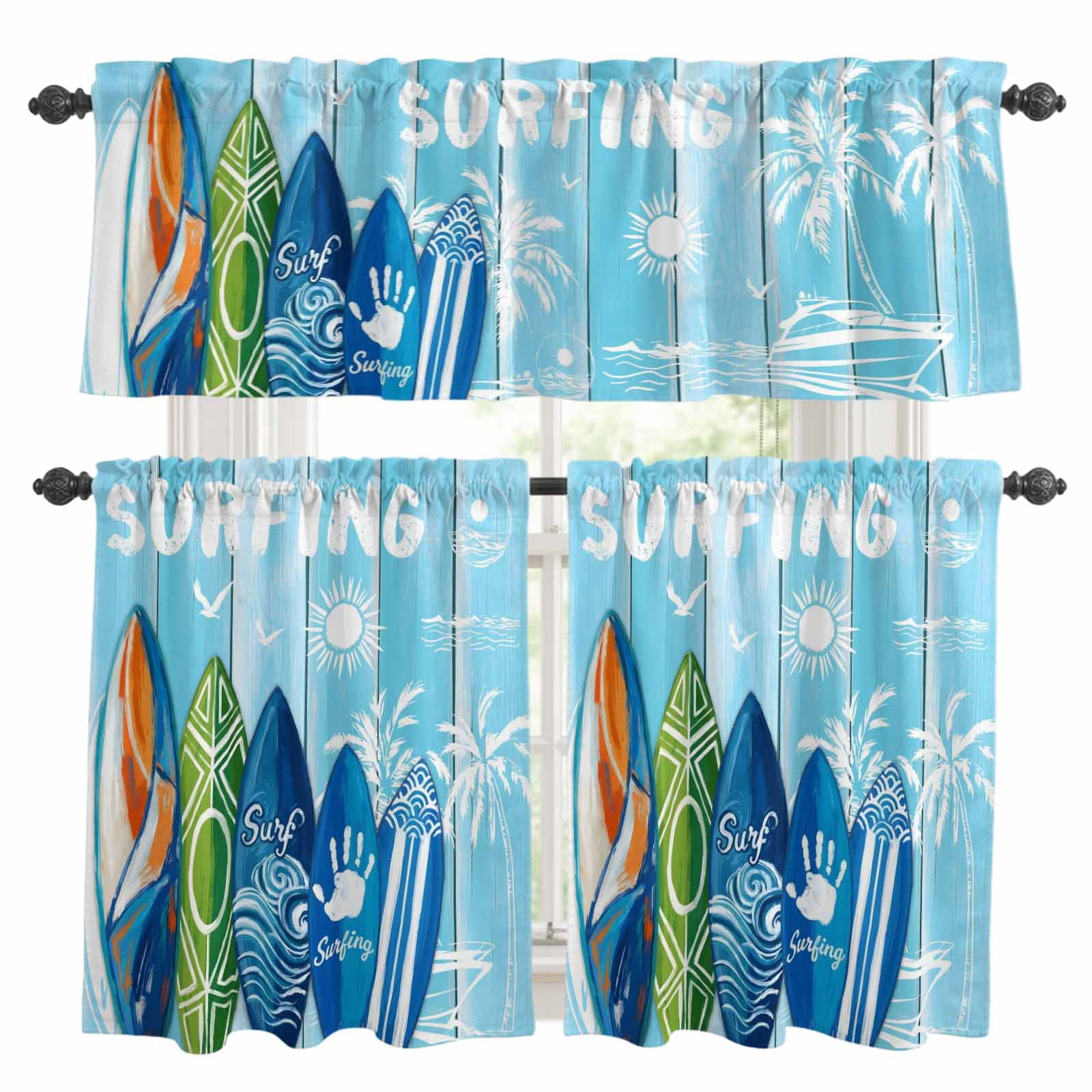 3 Piece Summer Surfing Kitchen Curtain Valance and Tiers Set Surfboard ...
