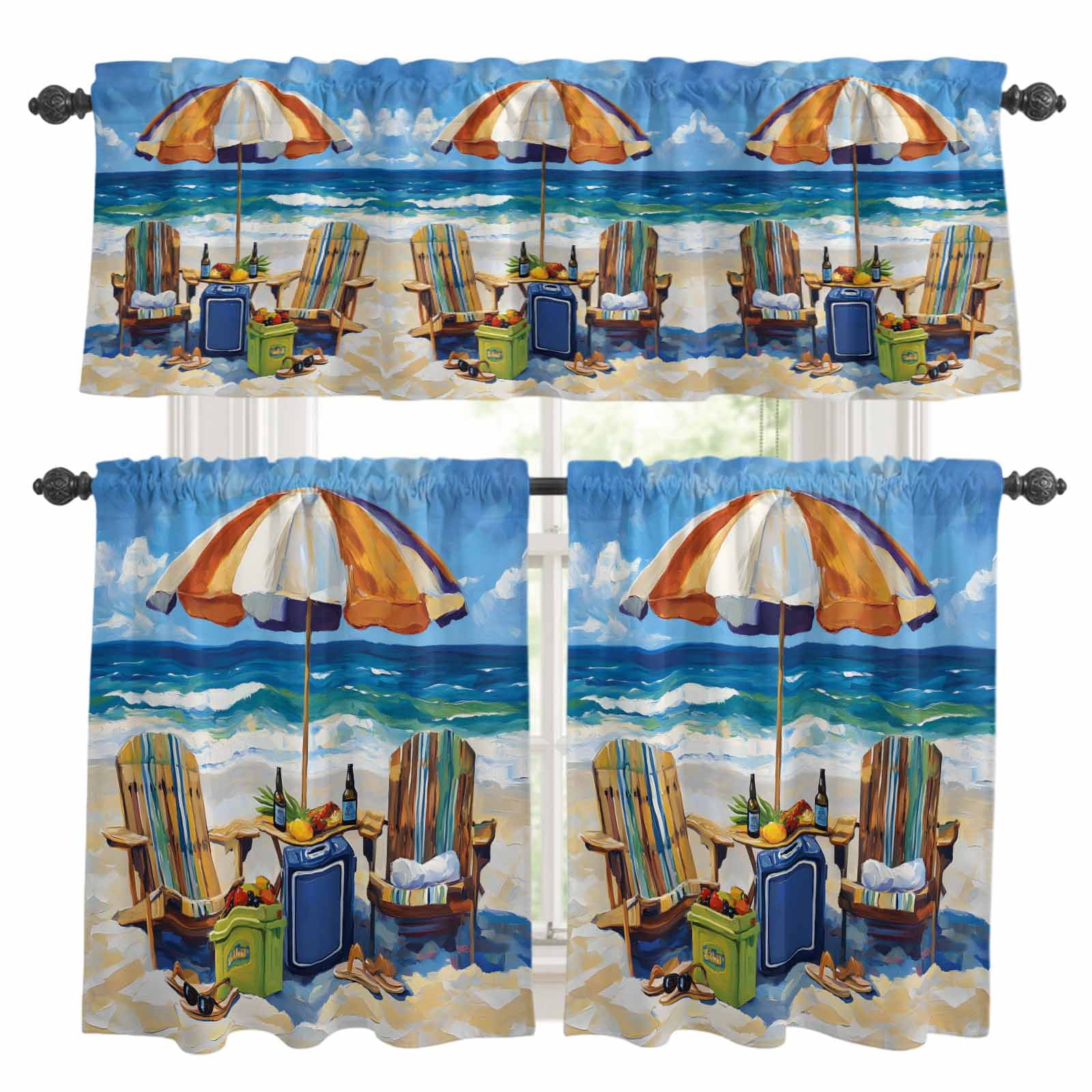 3 Piece Summer Vacation Kitchen Curtain Valance and Tiers Set Ocean ...