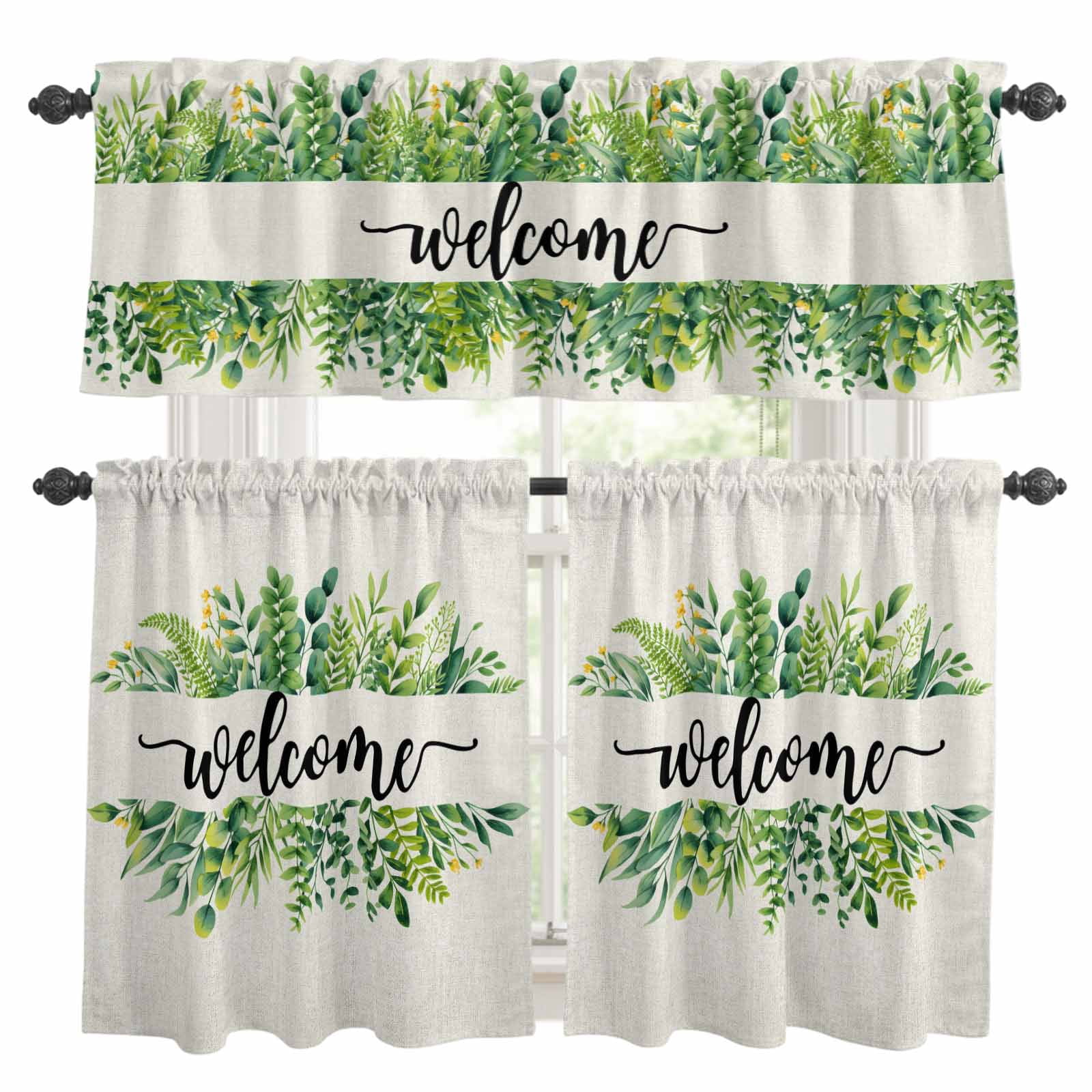 3 Piece Summer Welcome Kitchen Curtain Valance and Tiers Set Green ...