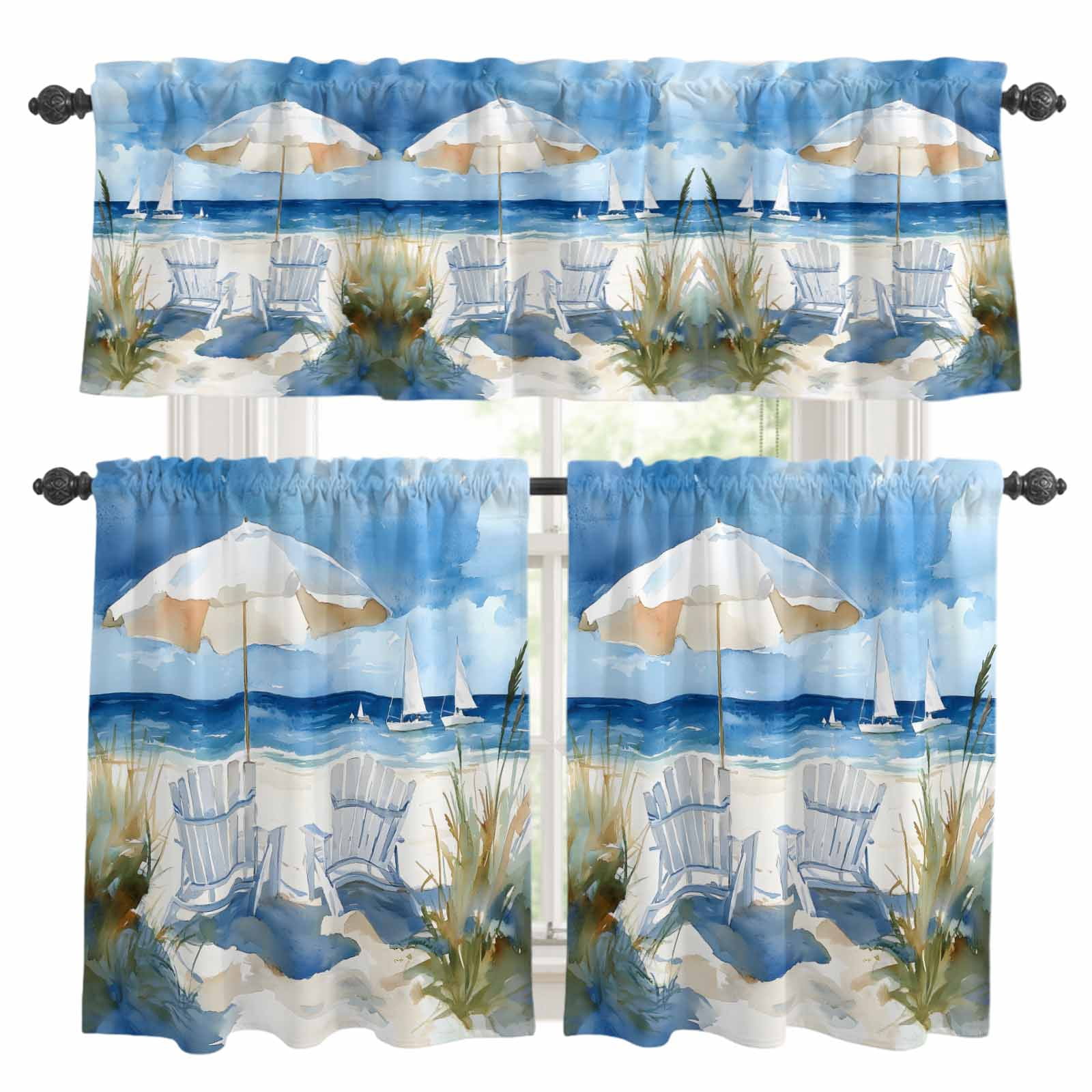 3 Piece Sun Umbrella Ship Kitchen Curtain Valance and Tiers Set ...