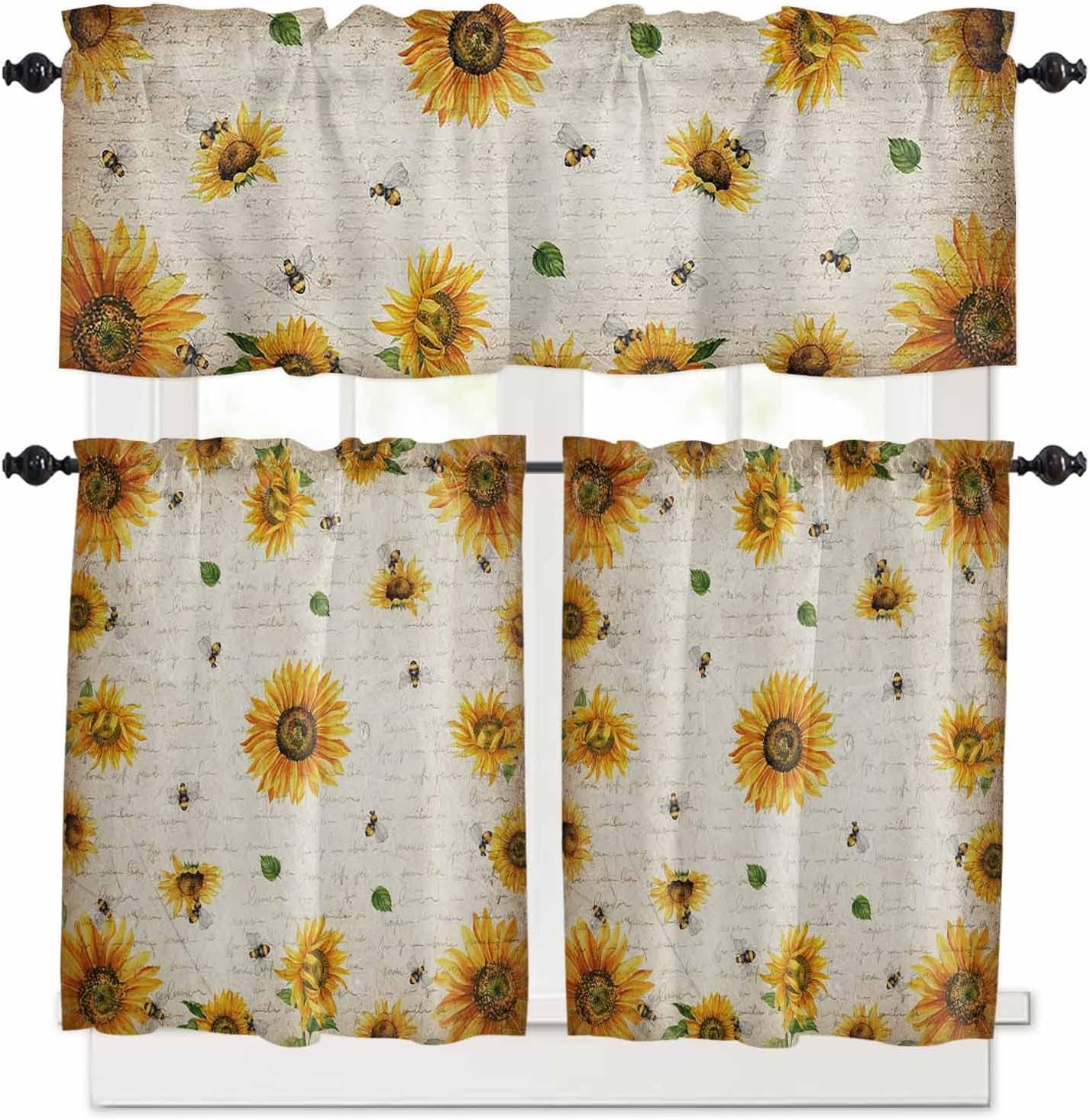 3 Piece Sunflower American Country Bee Kitchen Curtains, Tier and ...