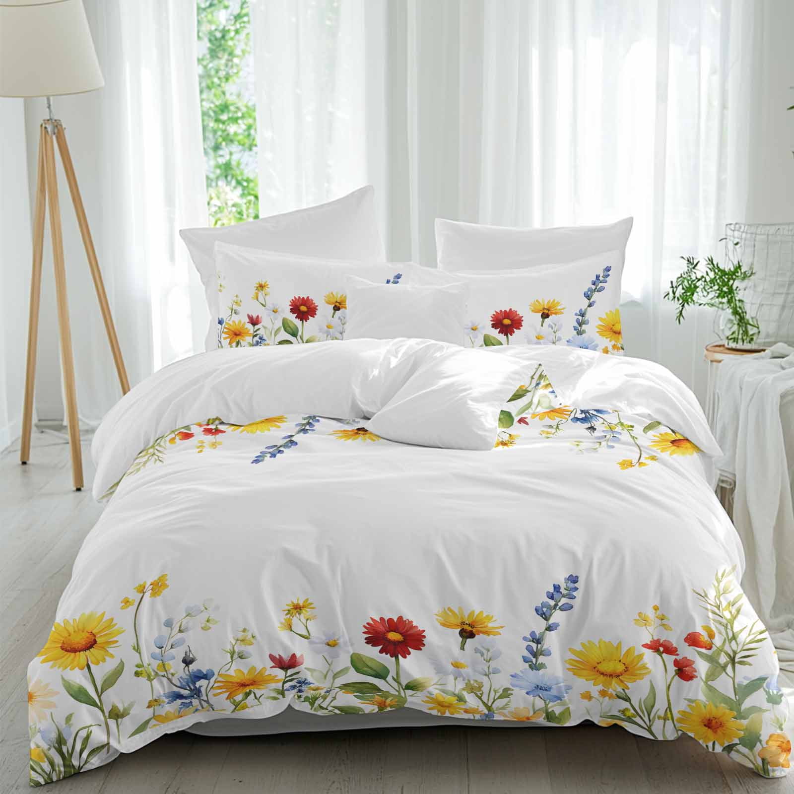 3 Piece Sunflower Botanical Duvet Cover Set Queen Size, Microfiber ...