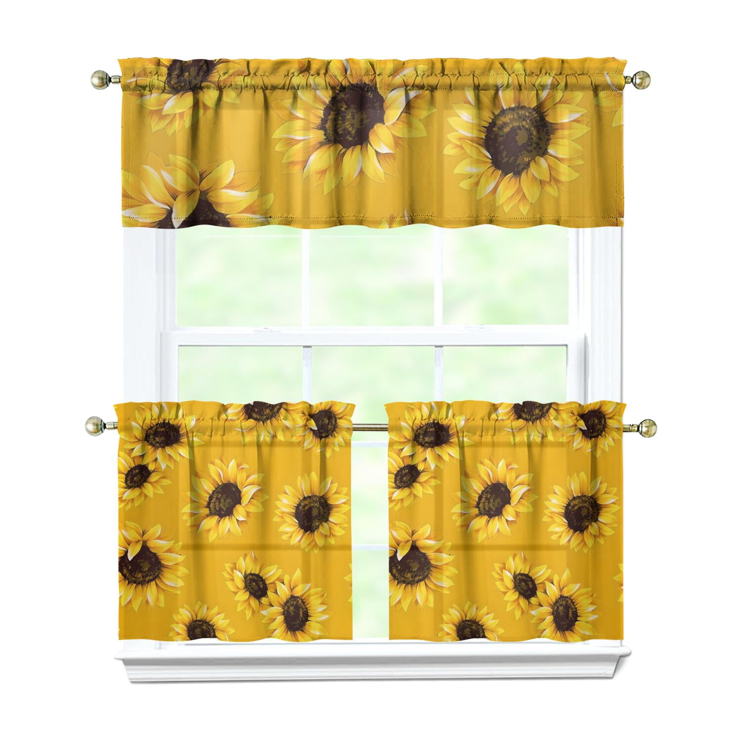 3 Piece Sunflower Kitchen Curtains Set - Boho Yellow Floral Tier ...