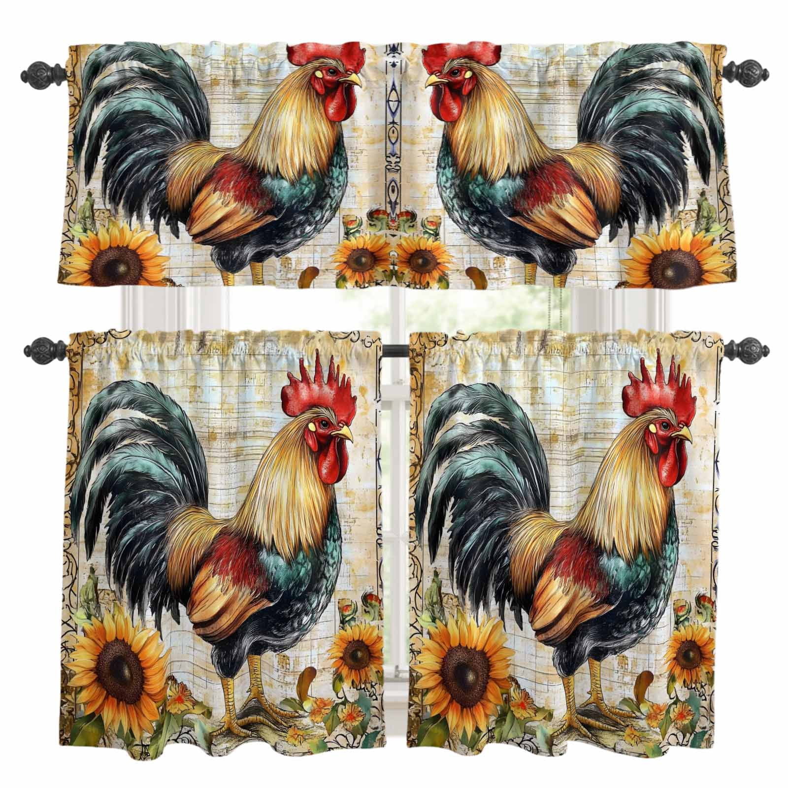 3 Piece Sunflower Rooster Kitchen Curtain Valance and Tiers Set Vintage ...