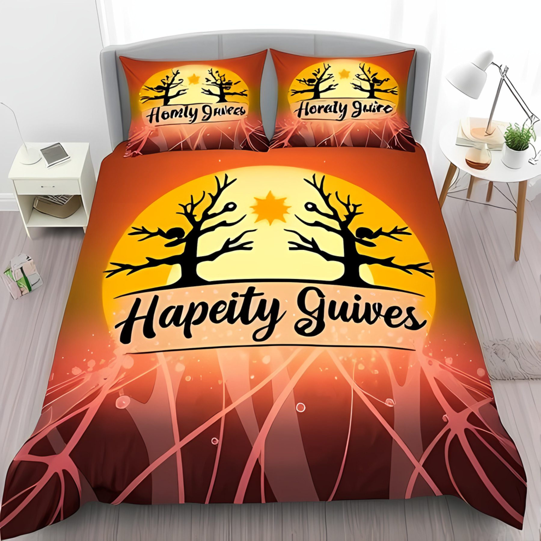 3-Piece Sunset Duvet Cover Set with Stylized Sun and Silhouetted Trees ...