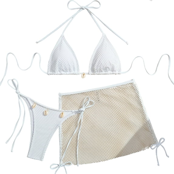 3 Piece Swimsuit for Women Fishnet Halter Triangle String Bikini Set ...