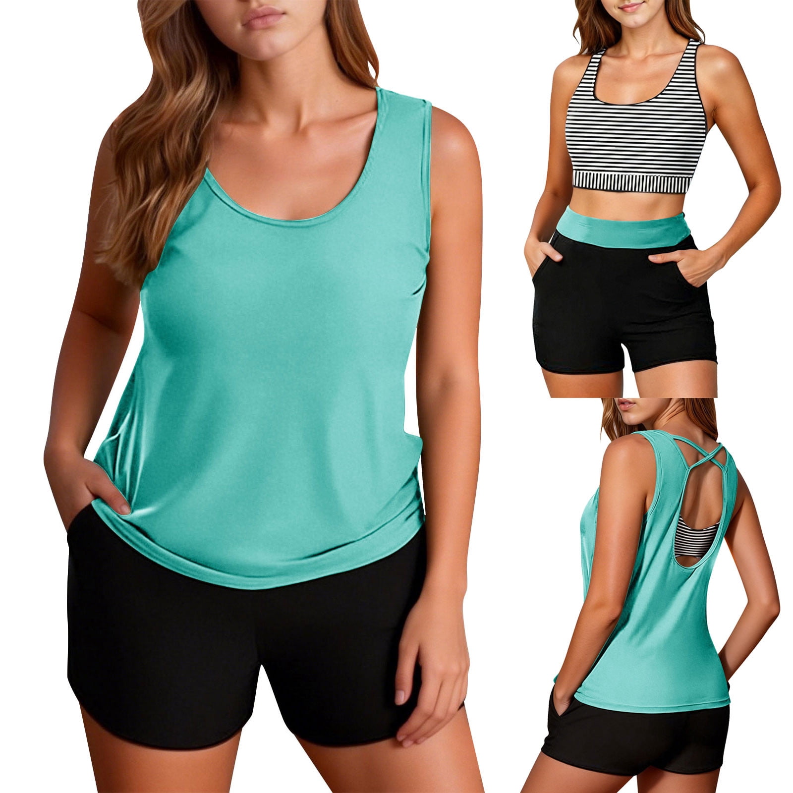 3 Piece Swimsuits for Women with Pockets,Push Up Striped Sports Swim ...