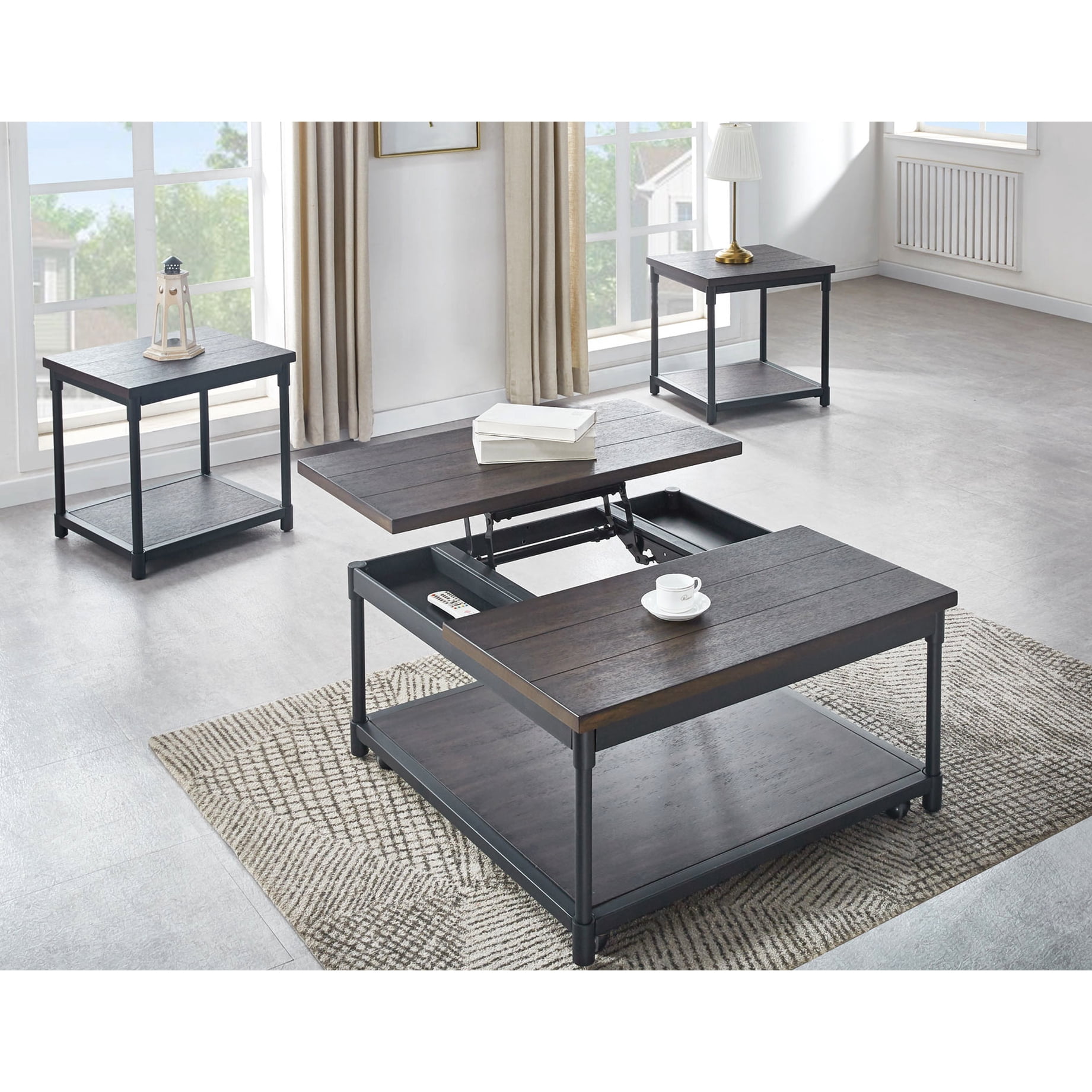3 Piece Table , Brown - Constructed Of Oak Veneers And Iron, Lift-top ...