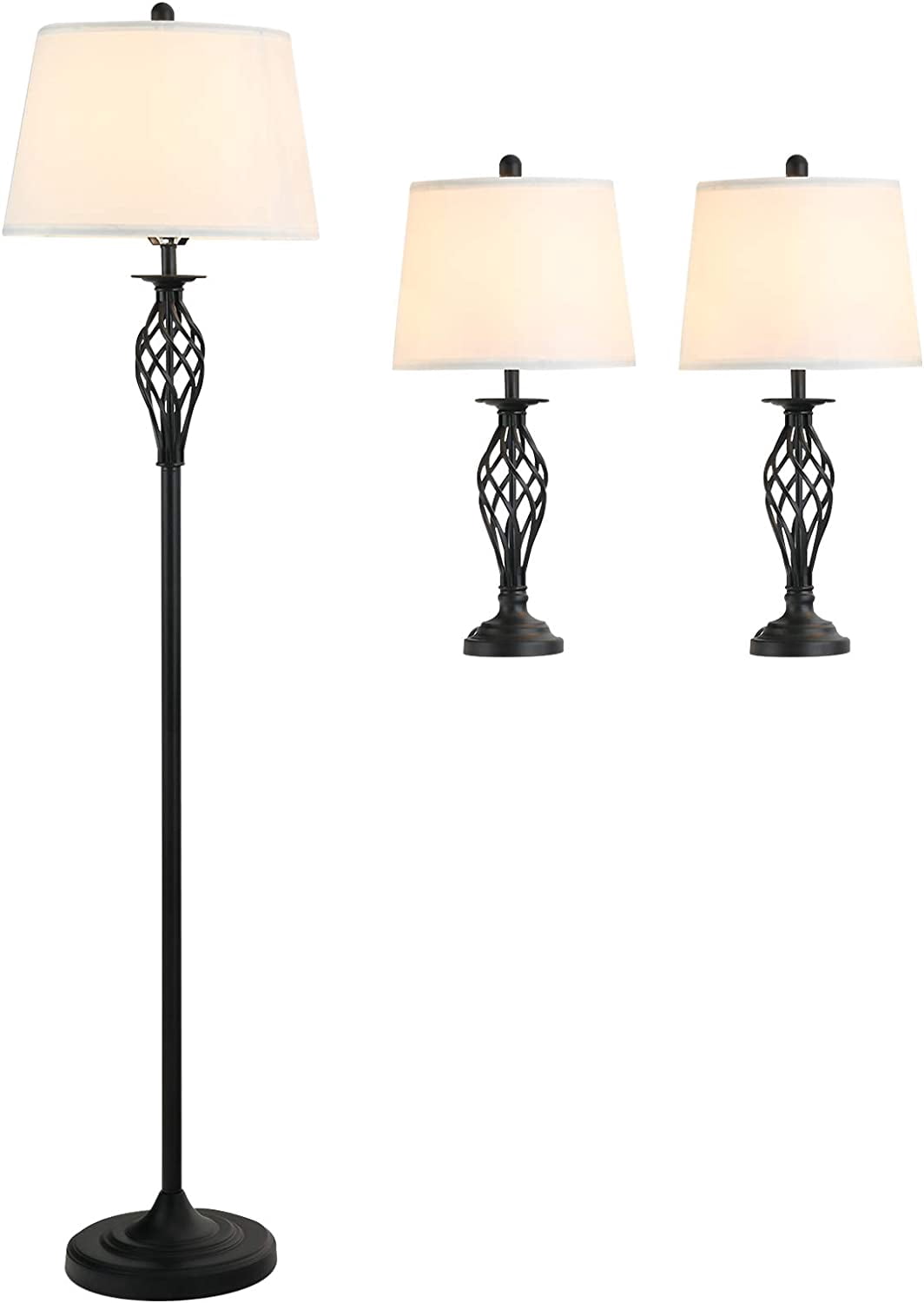 3 Piece Table Floor Lamp Set with Metal Pole, Round Base, and Fabric ...
