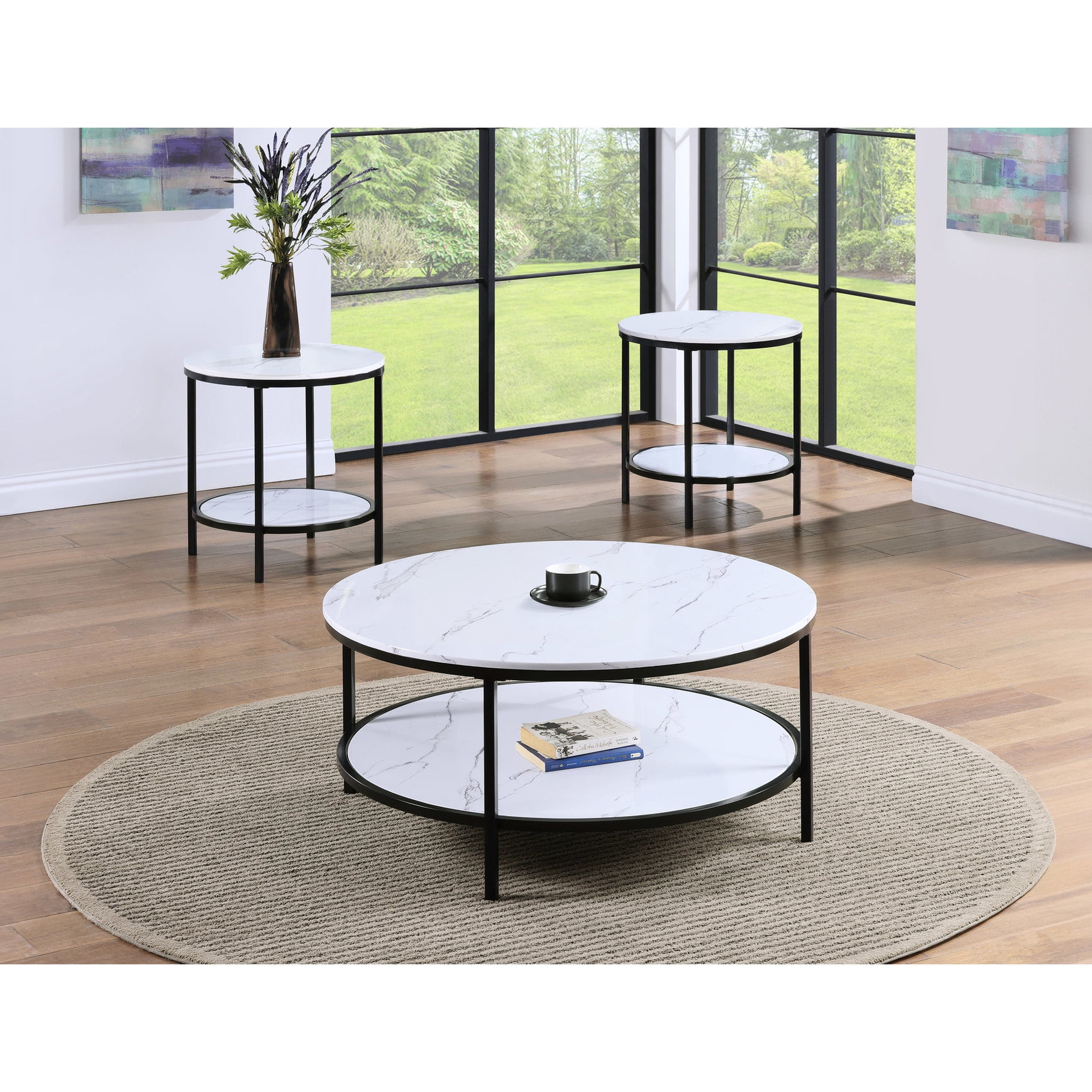 3 - Piece Table Set, Faux Marble - Round Shape, Durable - Primary ...