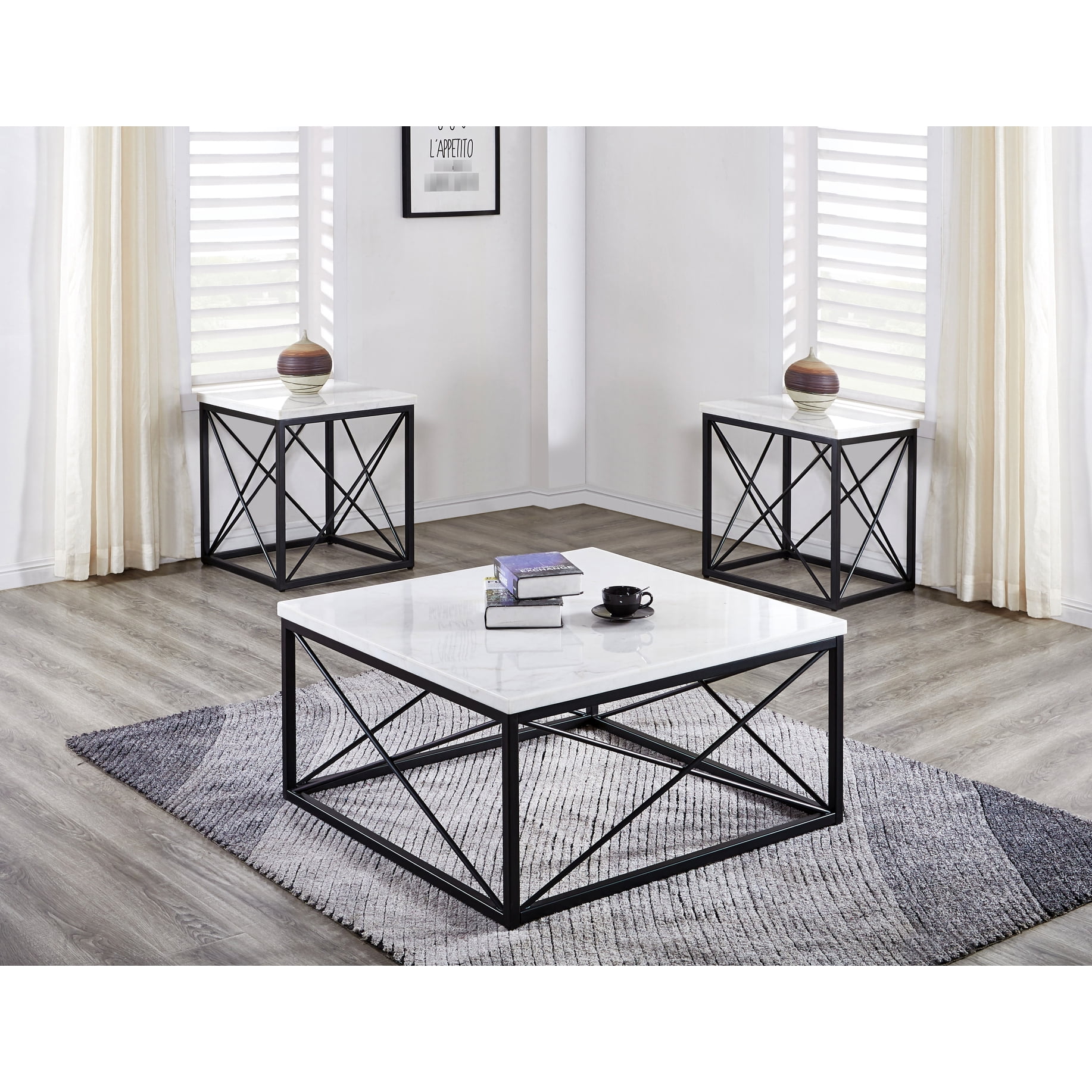 3 Piece Table - White, Marble Tops And Iron Base, Classic Fashionable ...