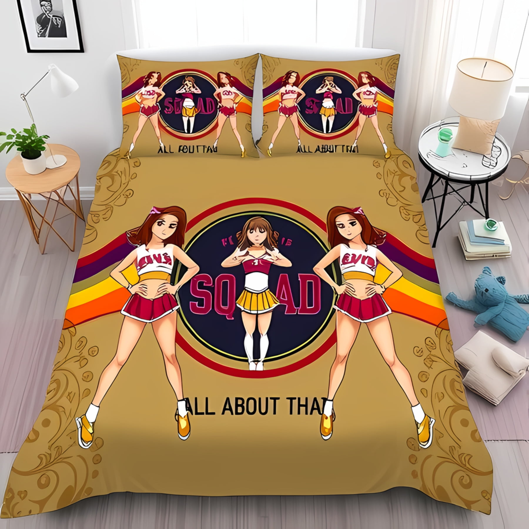 3-Piece Tan Duvet Cover Set with Anime Cheerleaders Bold 'Squad ...
