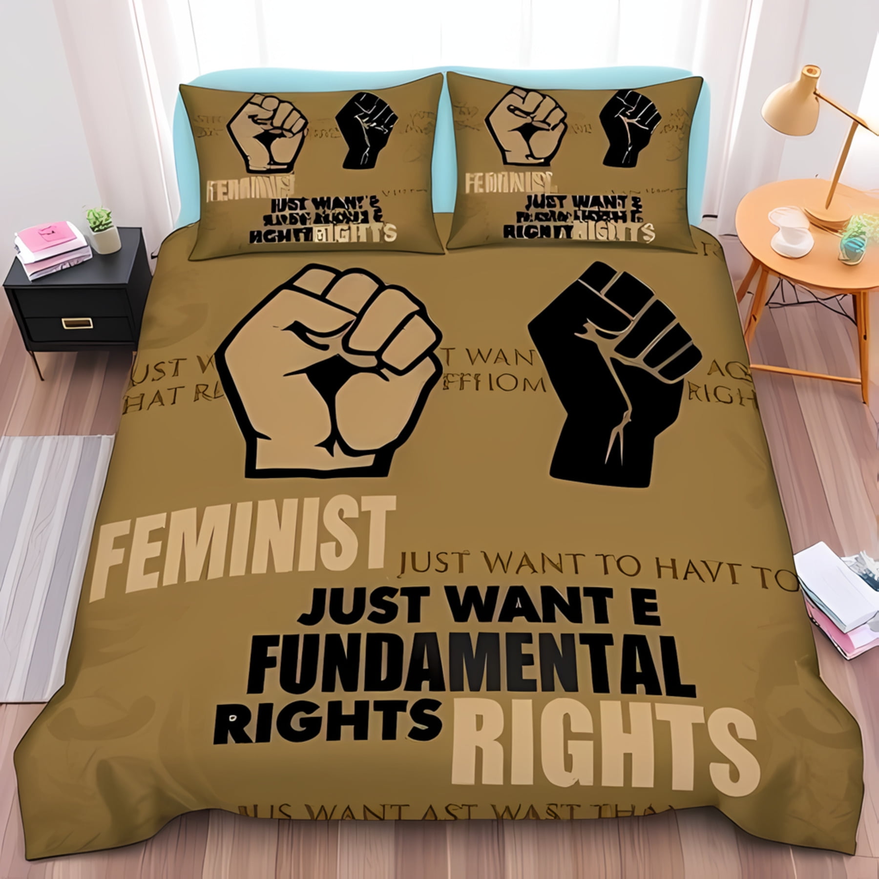 3-Piece Tan Duvet Cover Set with Bold Feminist Graphic Design - Raised ...