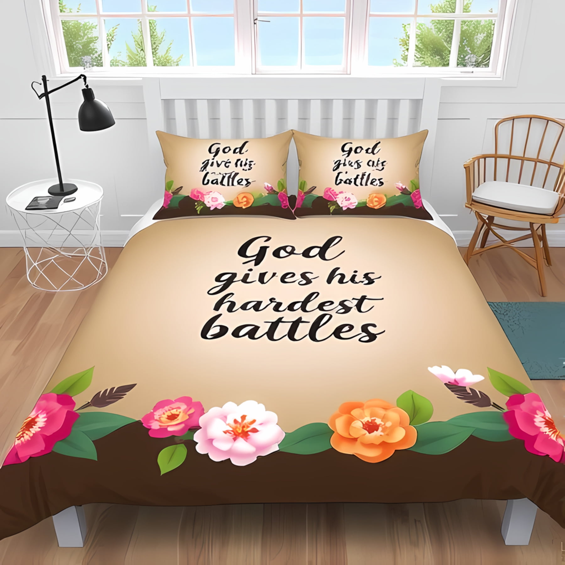 3-Piece Tan Duvet Cover Set with Floral Border & Inspirational Quote - Calming Bedroom Decor ...