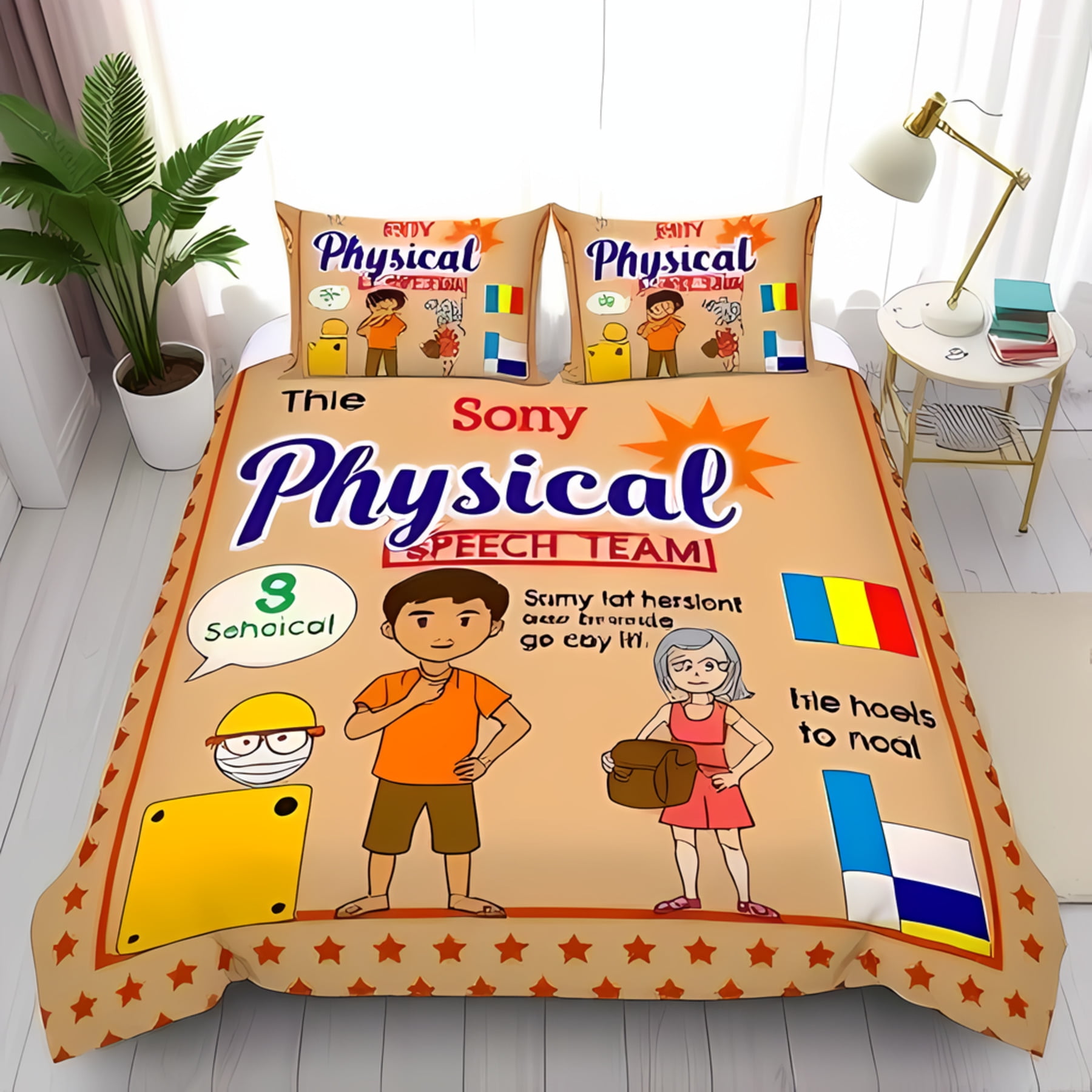 3-Piece Tan Duvet Cover Set with Playful Cartoon Speech Team Design Whimsical Illustrations ...