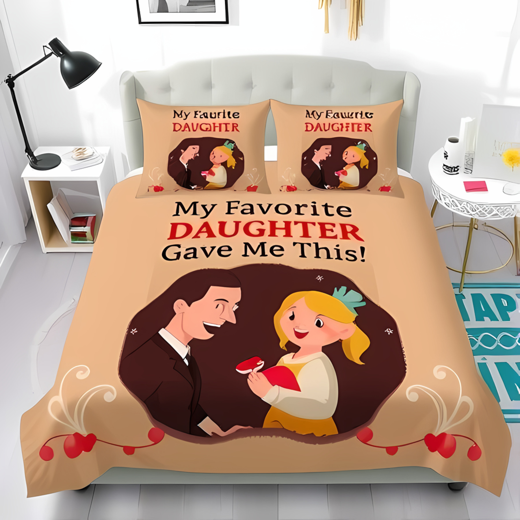 3-Piece Tan Duvet Cover Set with Whimsical Father-Daughter Illustration ...