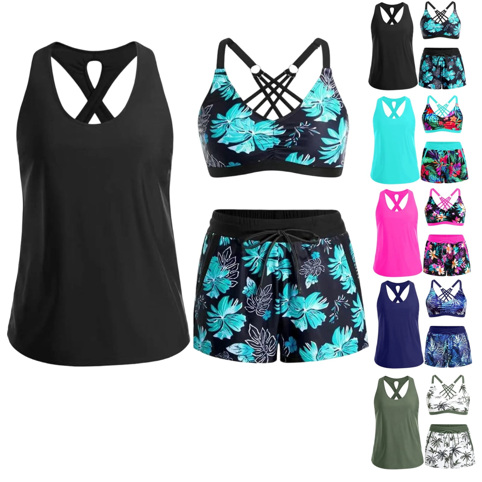 3 Piece Tankini Swimsuits for Women Tummy Control Plus Size Tank Top ...