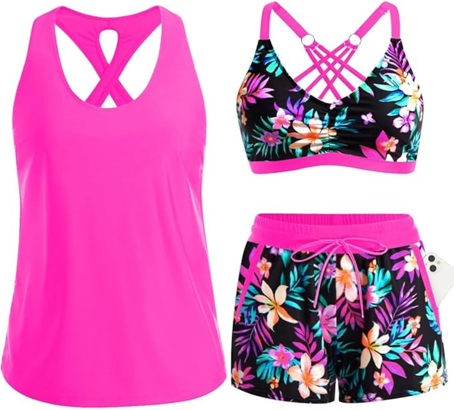 3 Piece Tankini with Shorts, Women's Tankini Swimsuit Set, Swim Tank ...