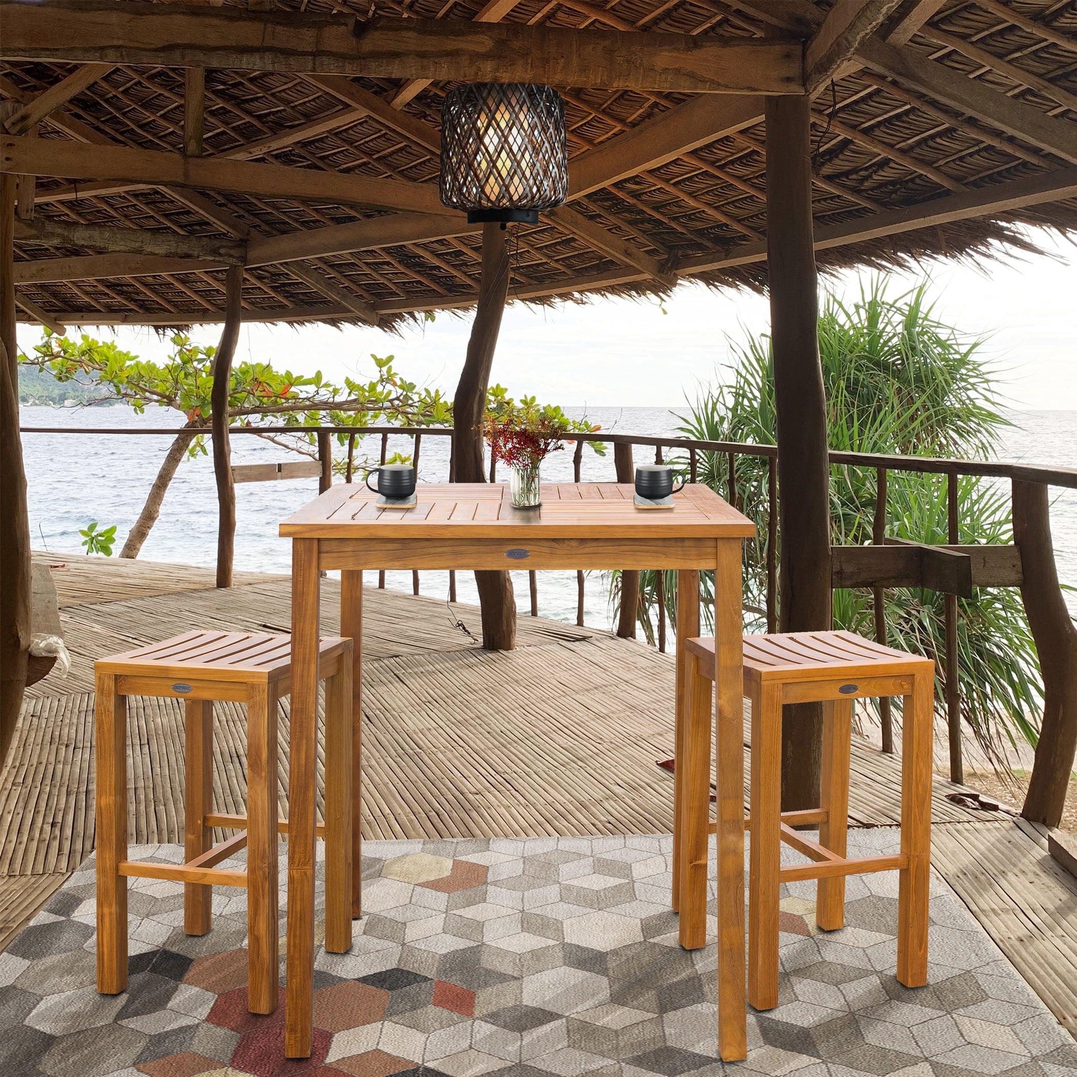 3 Piece Teak Wood Havana Outdoor Patio Bistro Bar Set with 35" Square ...