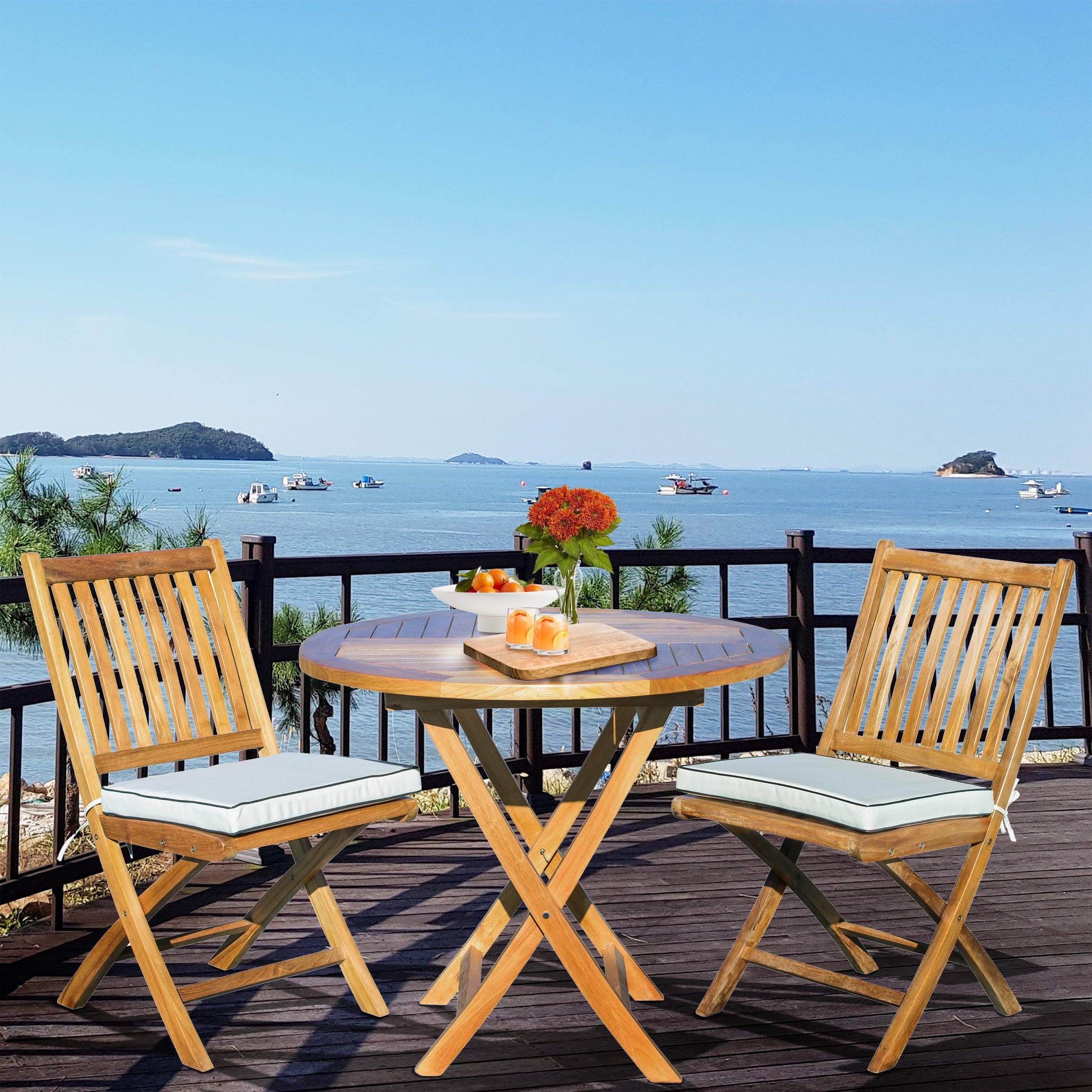 3 Piece Teak Wood Long Beach Patio Bistro Dining Set, 36" Round Folding ...