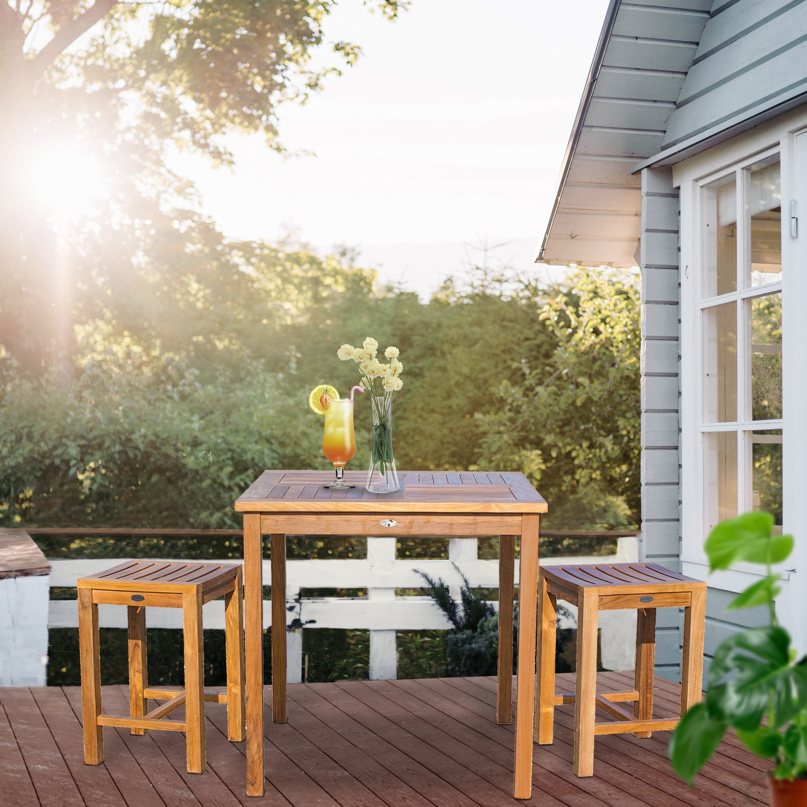 3 Piece Teak Wood Seville Medium Counter Height Outdoor Patio Bistro ...