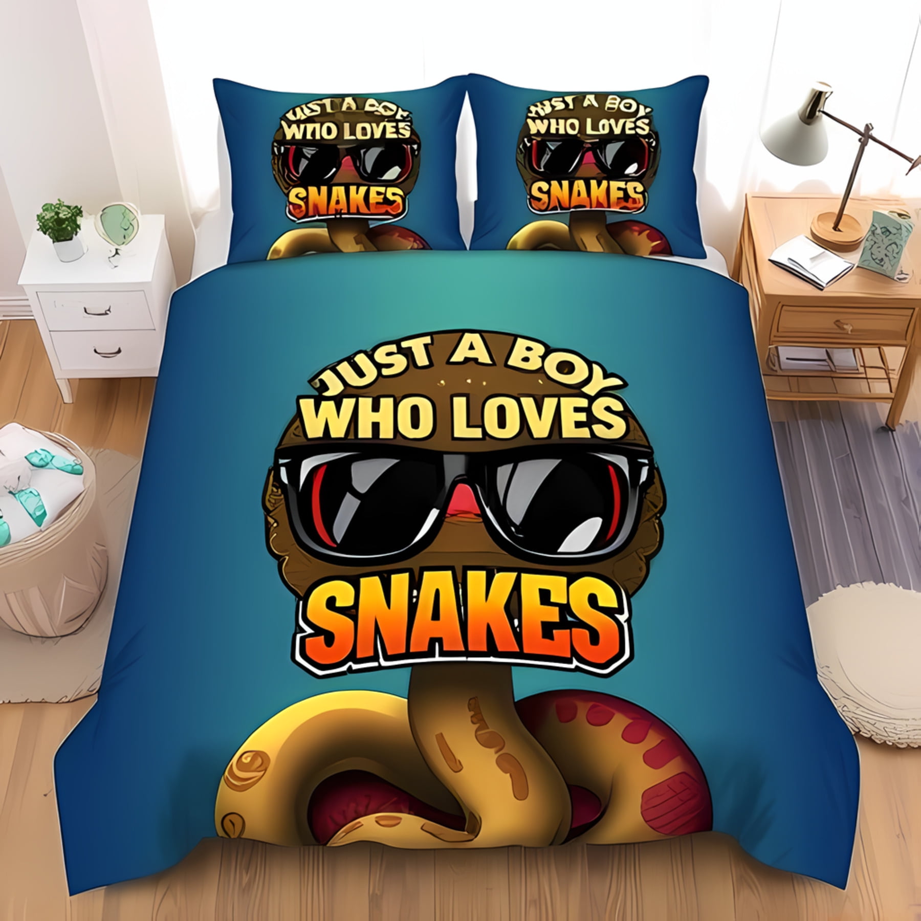 3-Piece Teal Blue Duvet Cover Set with Cartoon Snake in Sunglasses ...
