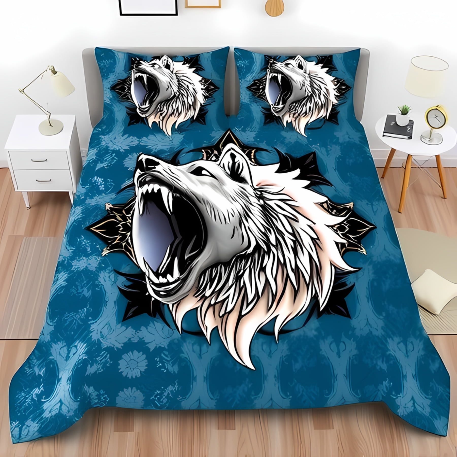 3-Piece Teal-Blue Duvet Cover Set with Roaring White Wolf Design & Matching Pillowcases ...