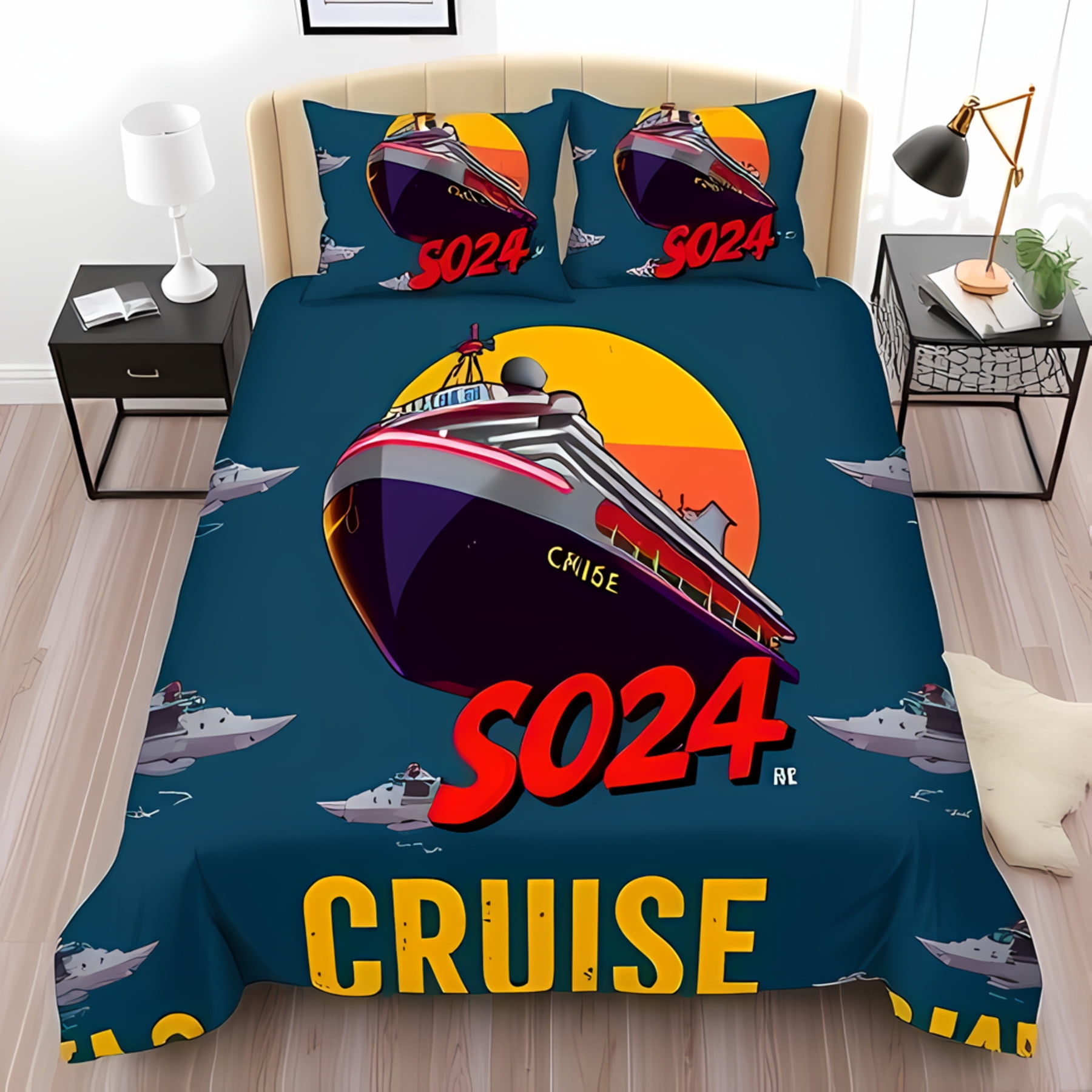3-Piece Teal Blue Duvet Cover Set with Vibrant Cruise Ship Illustration ...